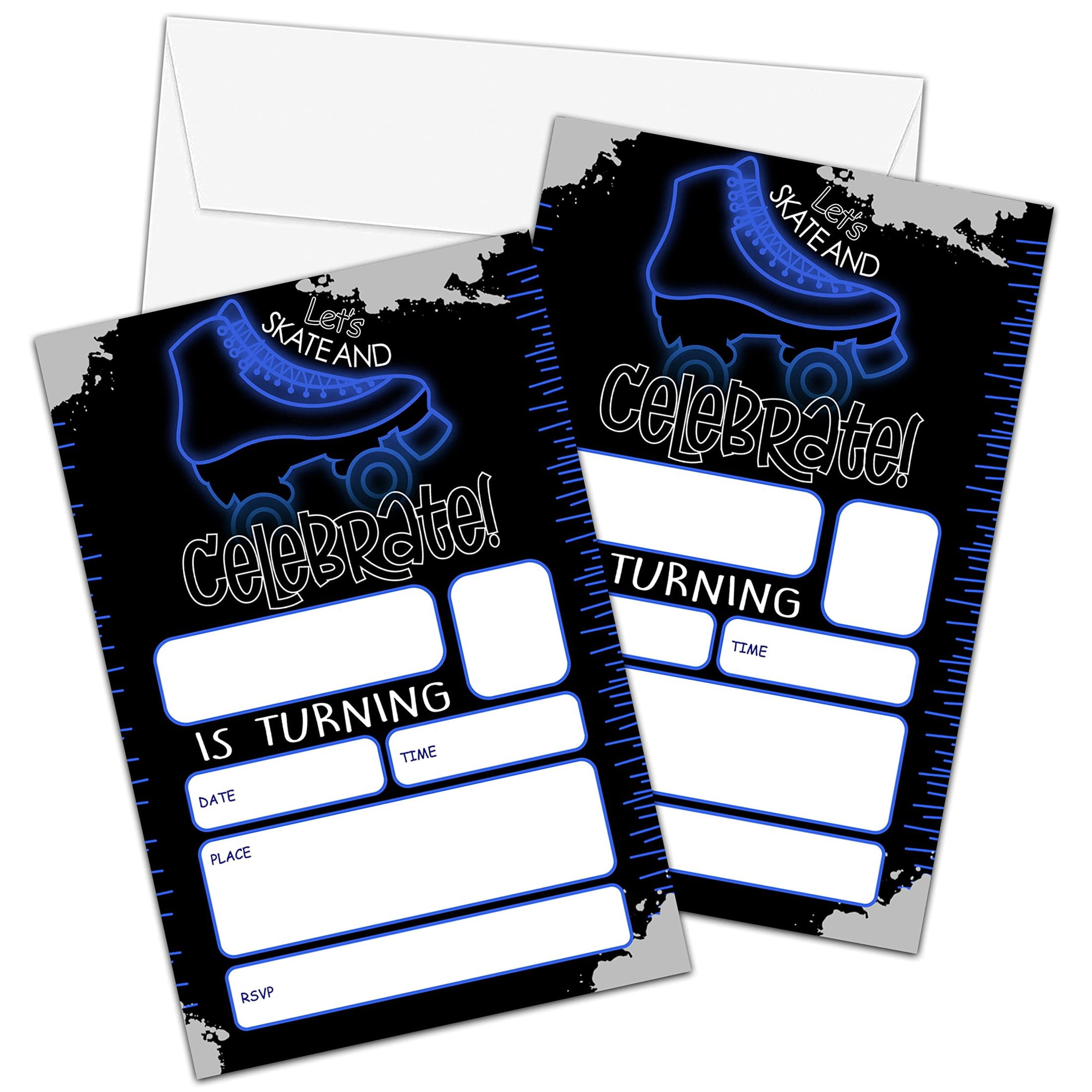 Neon Glow Roller Skate Birthday Invitations with Envelopes - 20 ...