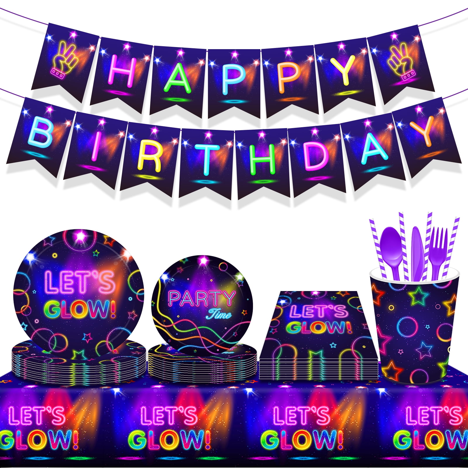 DodelyGz Neon Glow Birthday Party Supply Set for 16 Guests, Includes ...