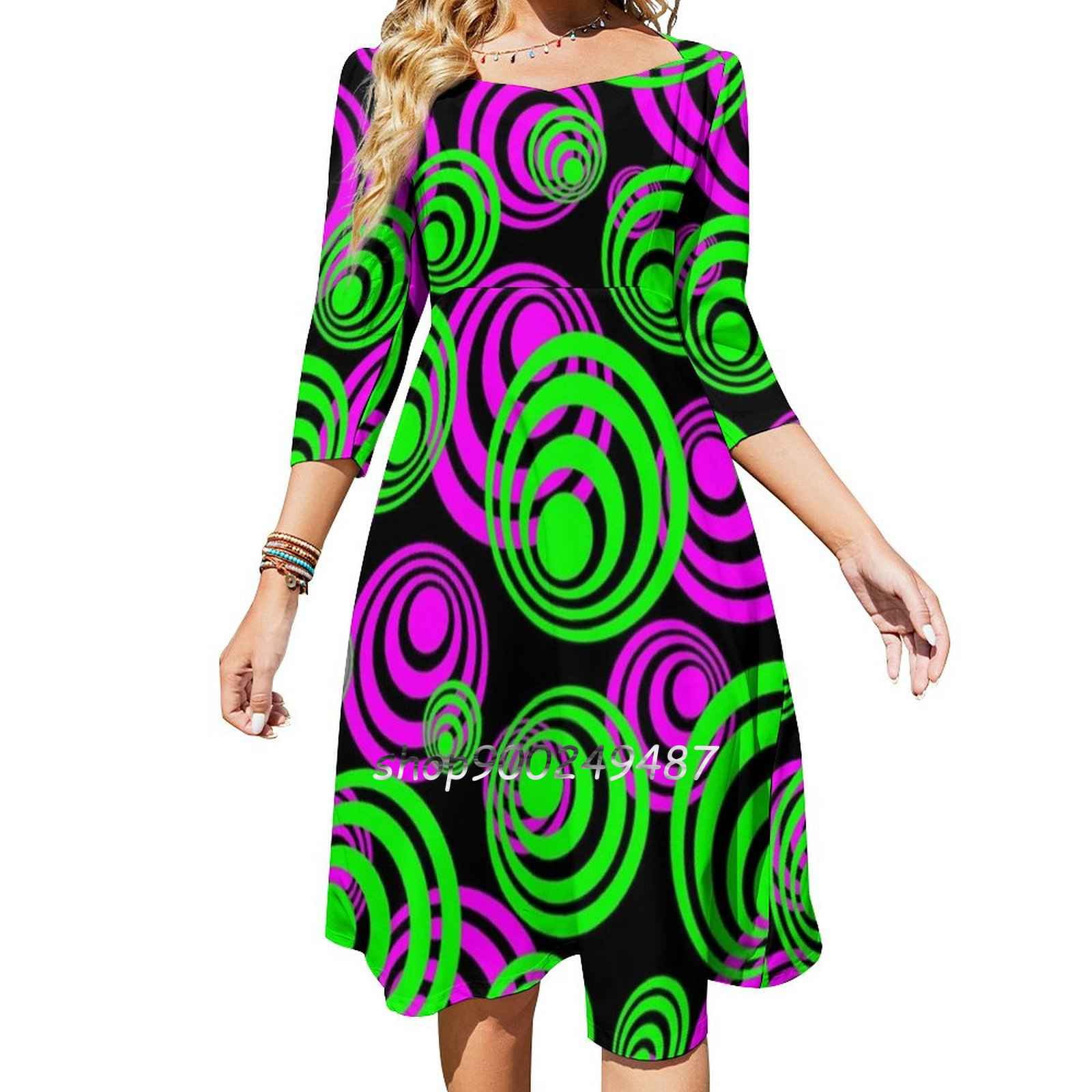 Neon Green And Pink Circles Sweetheart Knot Flared Dress Fashion Design ...