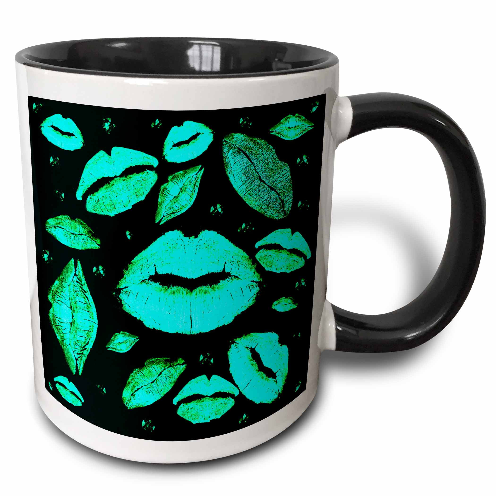 3drose, Neon Green Kisses on a Black Background, 11oz Two-tone Black ...