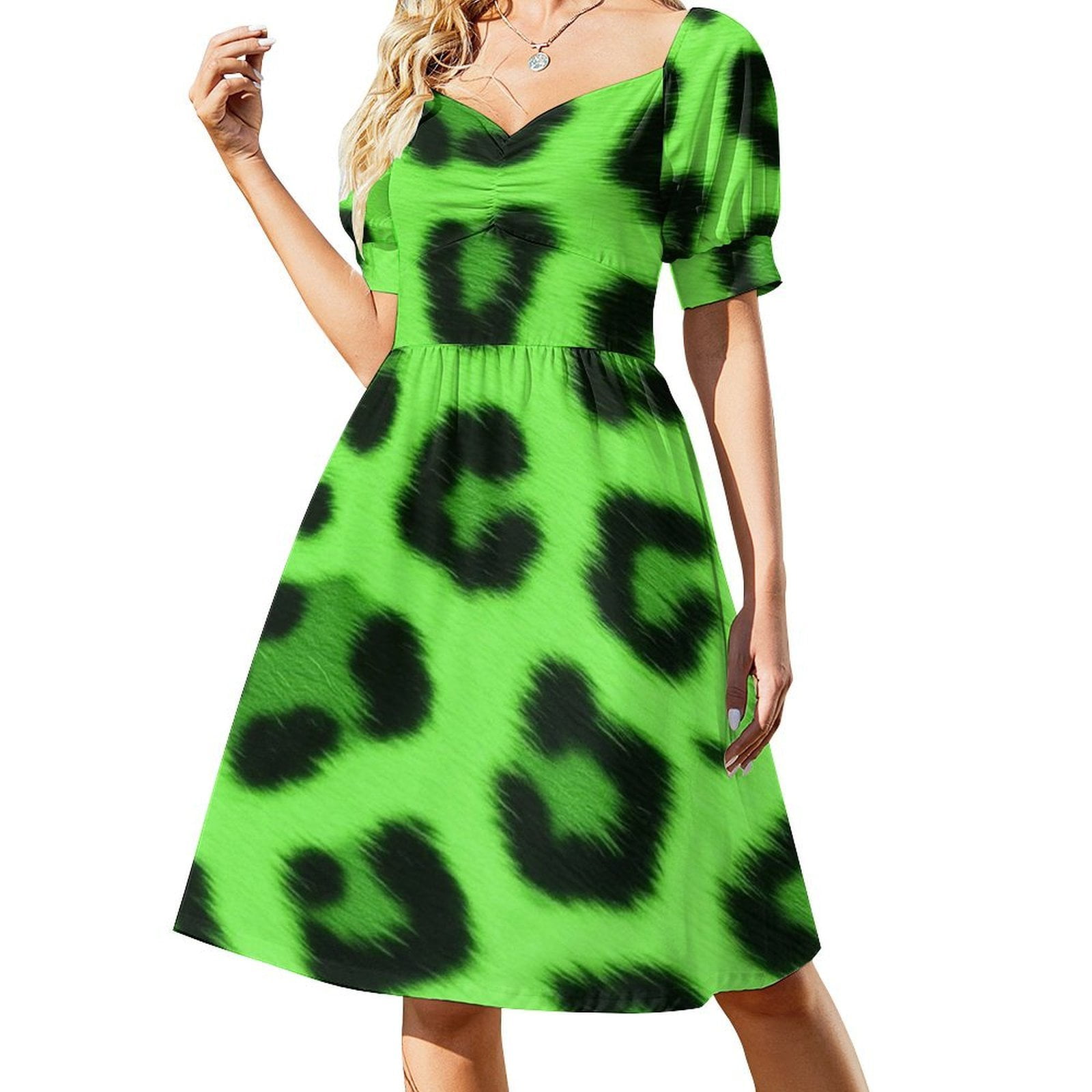 Neon Green Leopard Print Texture Short Sleeve Dress Clothes Women's ...