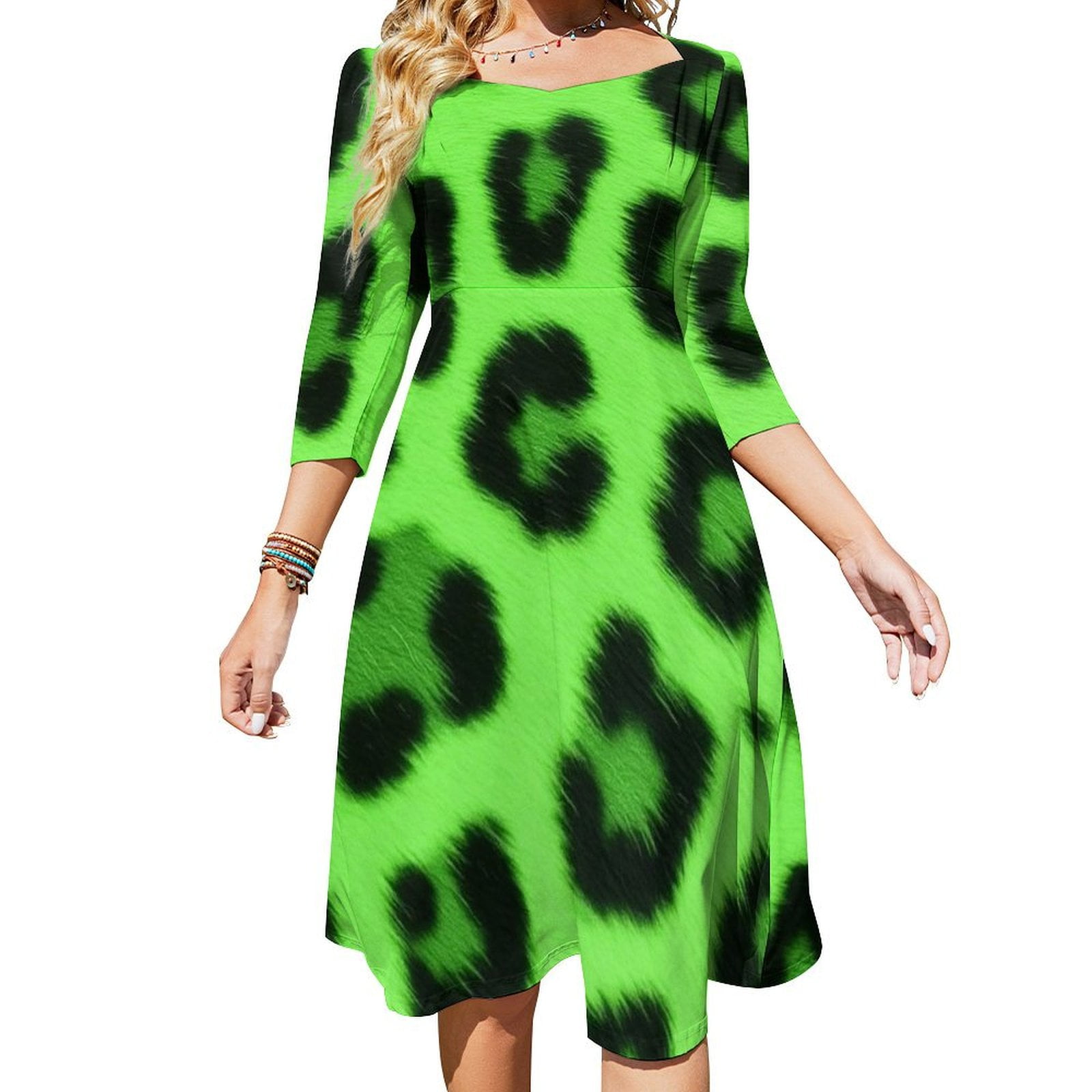 Neon Green Leopard Print Texture Womens Summer Dress Tie Back A Line ...