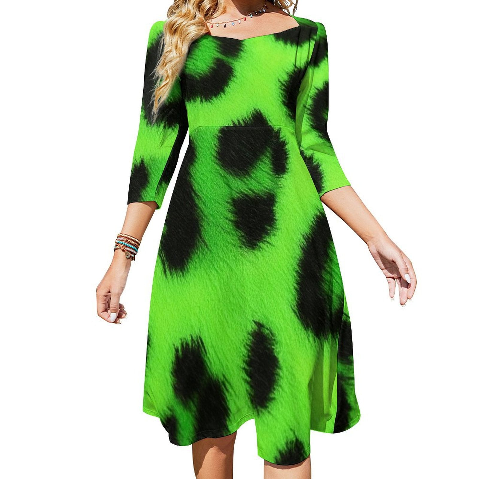Neon Green Leopard Print Womens Summer Dress Tie Back A Line Flare ...