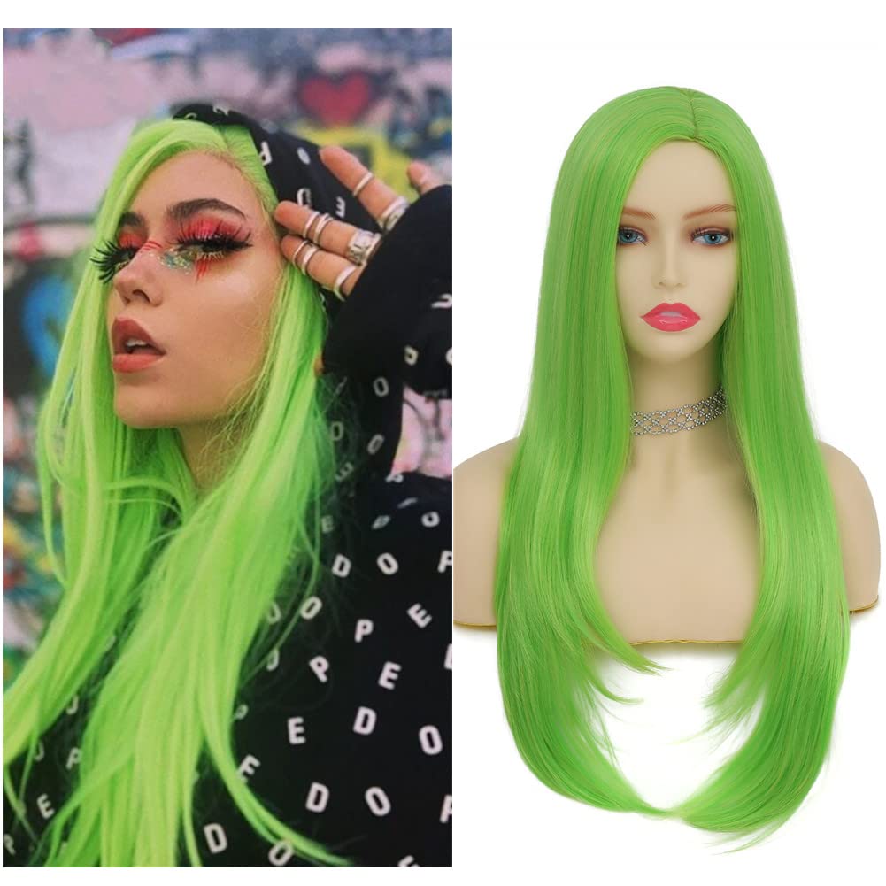 Neon Green Long Straight Wigs for Women with Side Bangs Natural ...