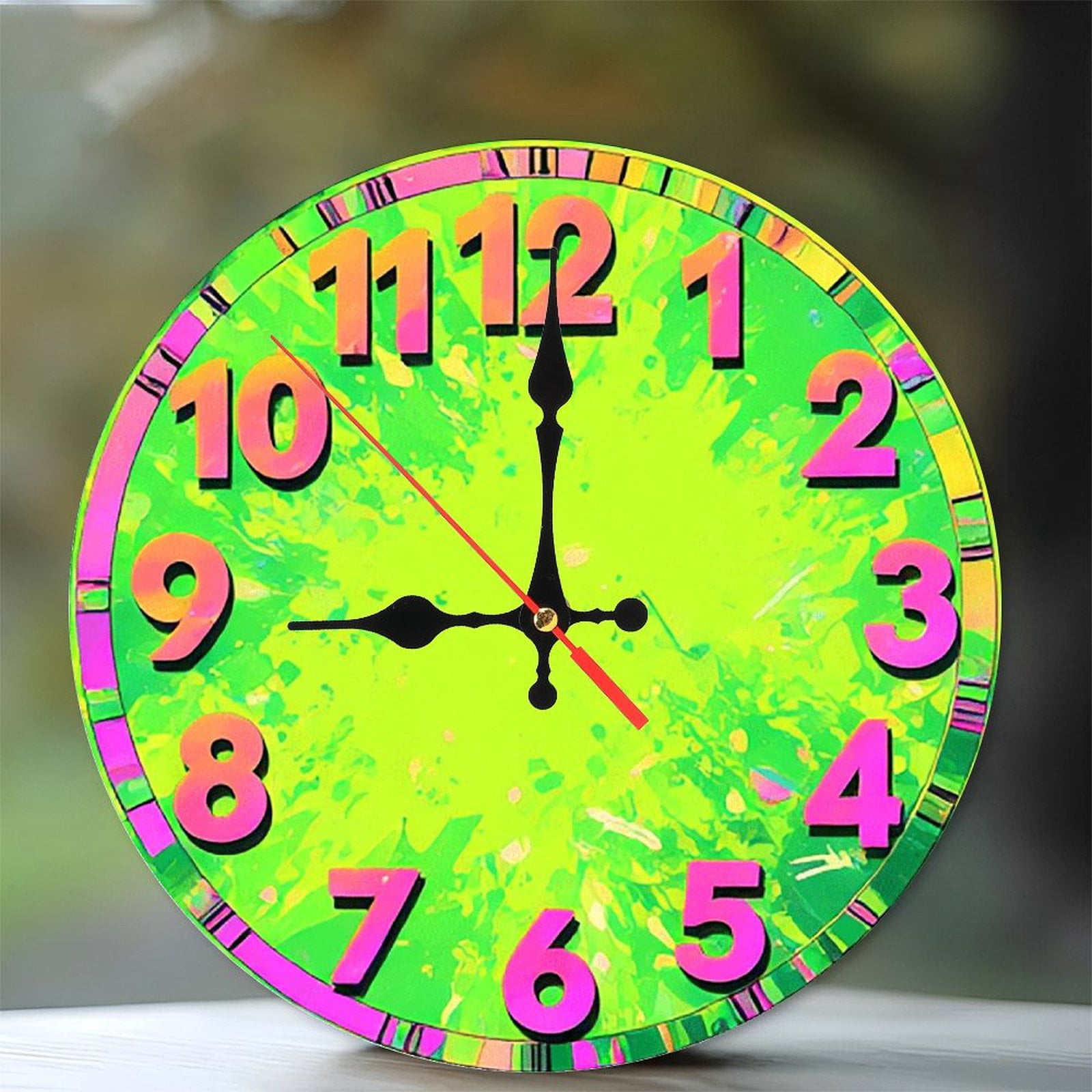 Neon Green Pink Wall Clock Colorful Splash Art 10-Inch Silent Wooden ...