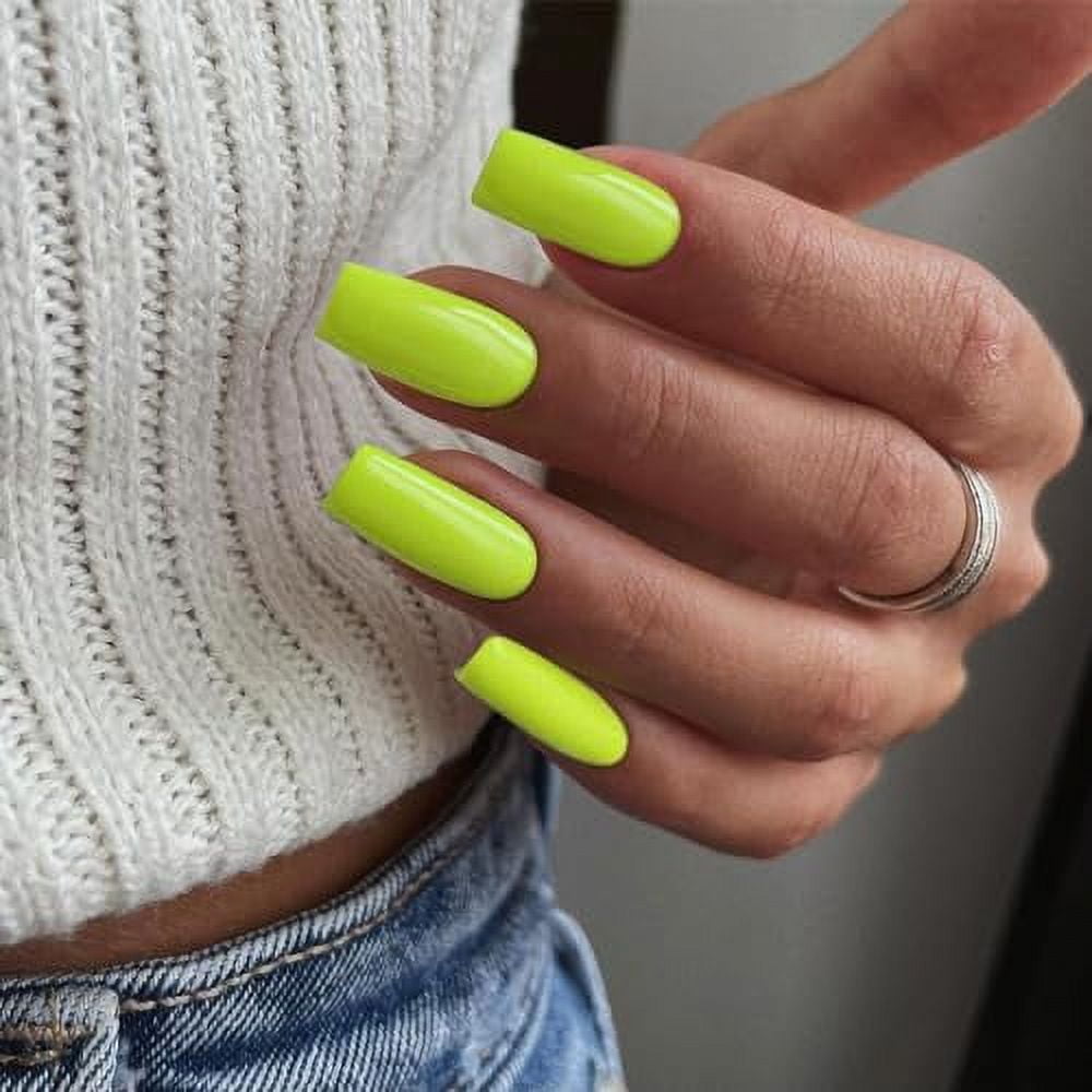 Neon Green Press on Nails Medium Long Square, Vibrant Color Coffin ...