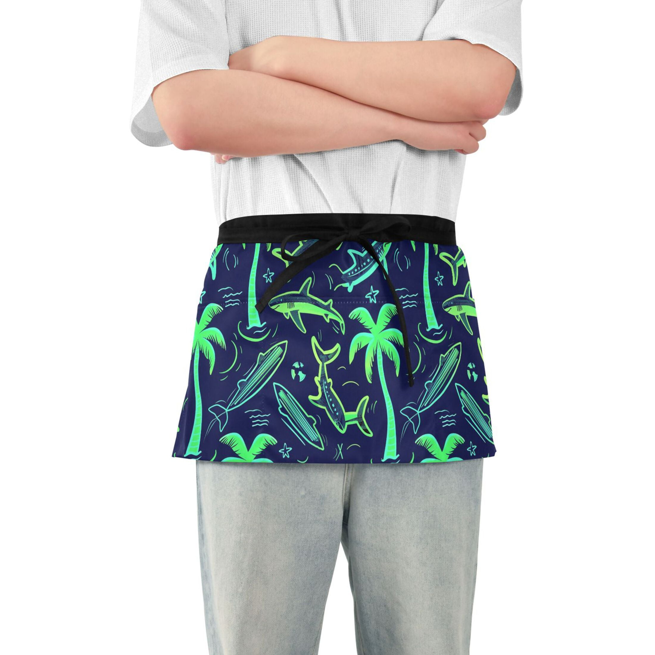 Neon Green Shark and Palm Trees Server Apron with 3 Pockets Waterproof ...