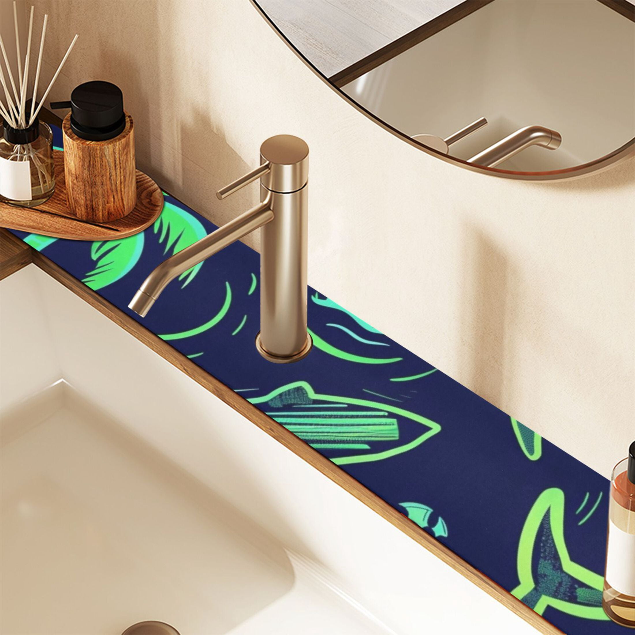 Neon Green Shark and Palm Trees Sink Splash Guard Faucet Drying Mat 30 ...
