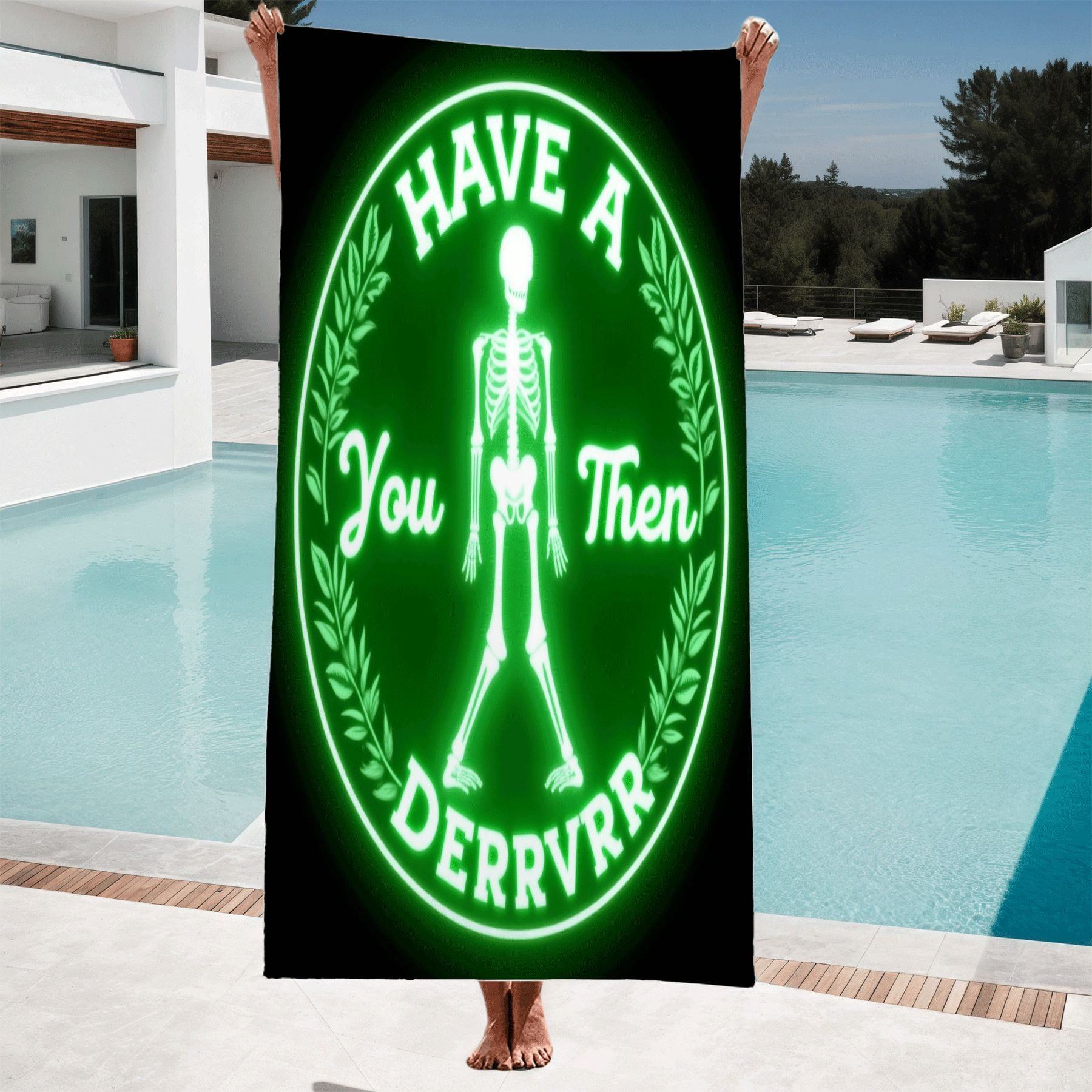 Neon Green Skeleton Beach Towel - Unique Circular Design with ' Have A ...