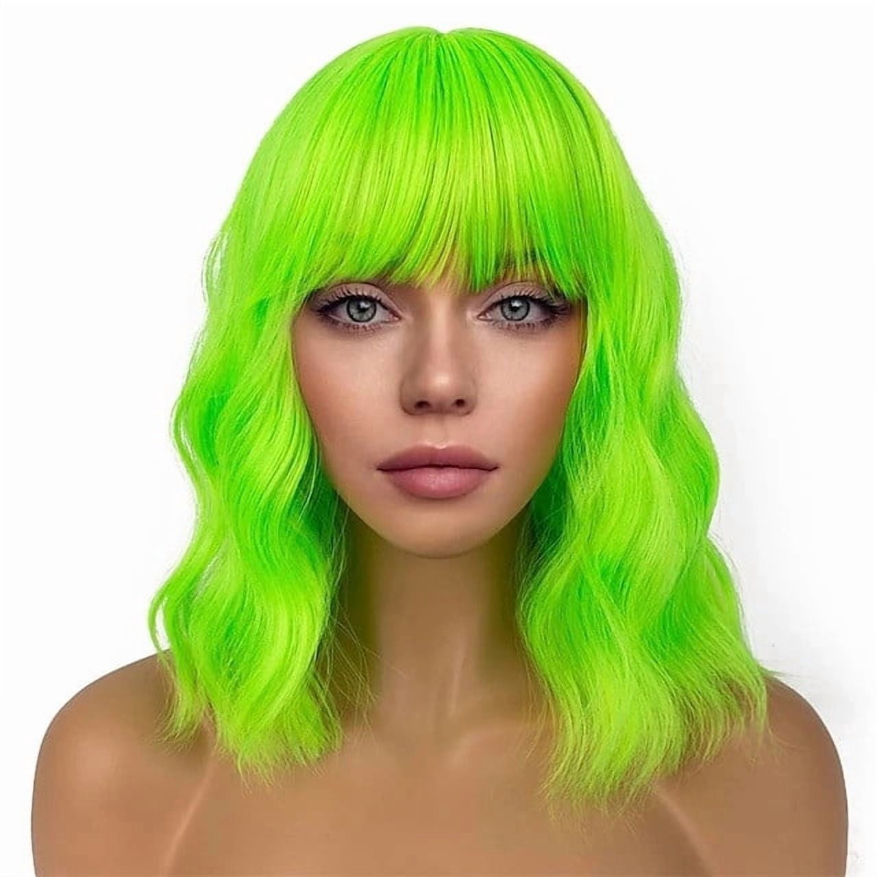 Neon Green Wavy Bob Wig with Bangs – Short Curly Synthetic Hairpiece ...