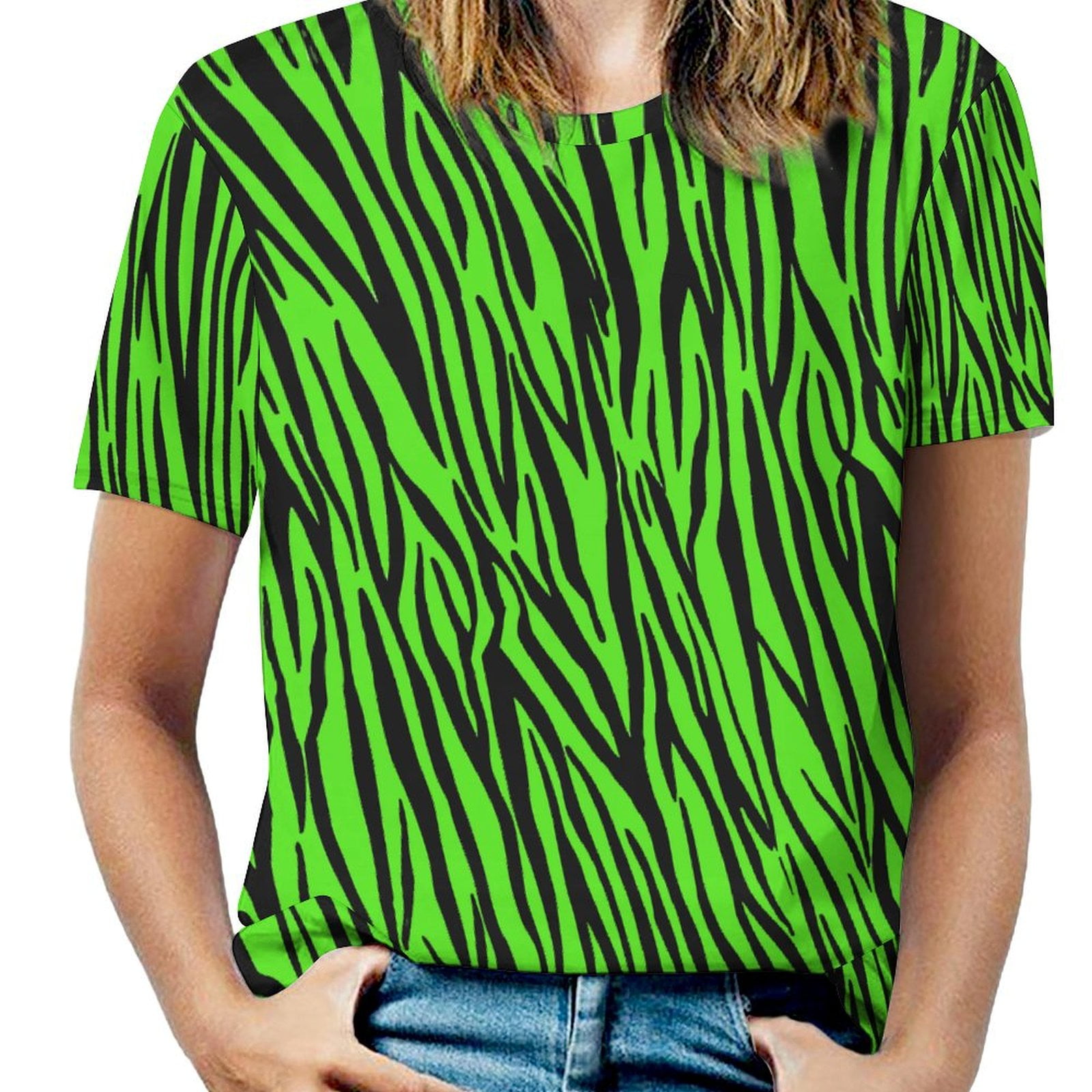 Neon Green Zebra Print Women's Short Sleeve Tops Casual Blouses T Shirt ...