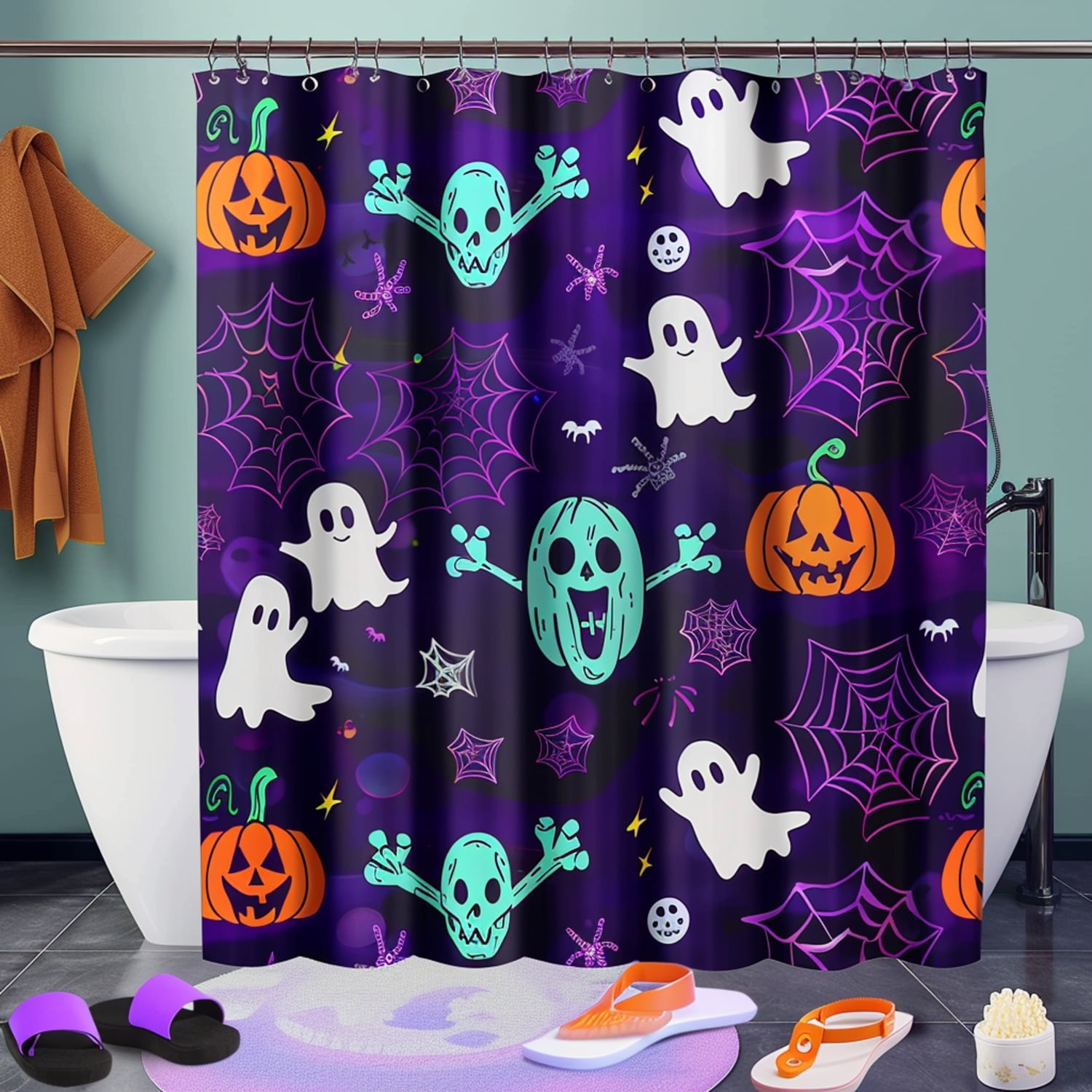 Neon Halloween Fun Shower Curtain Set With Pumpkins Ghosts And Spider