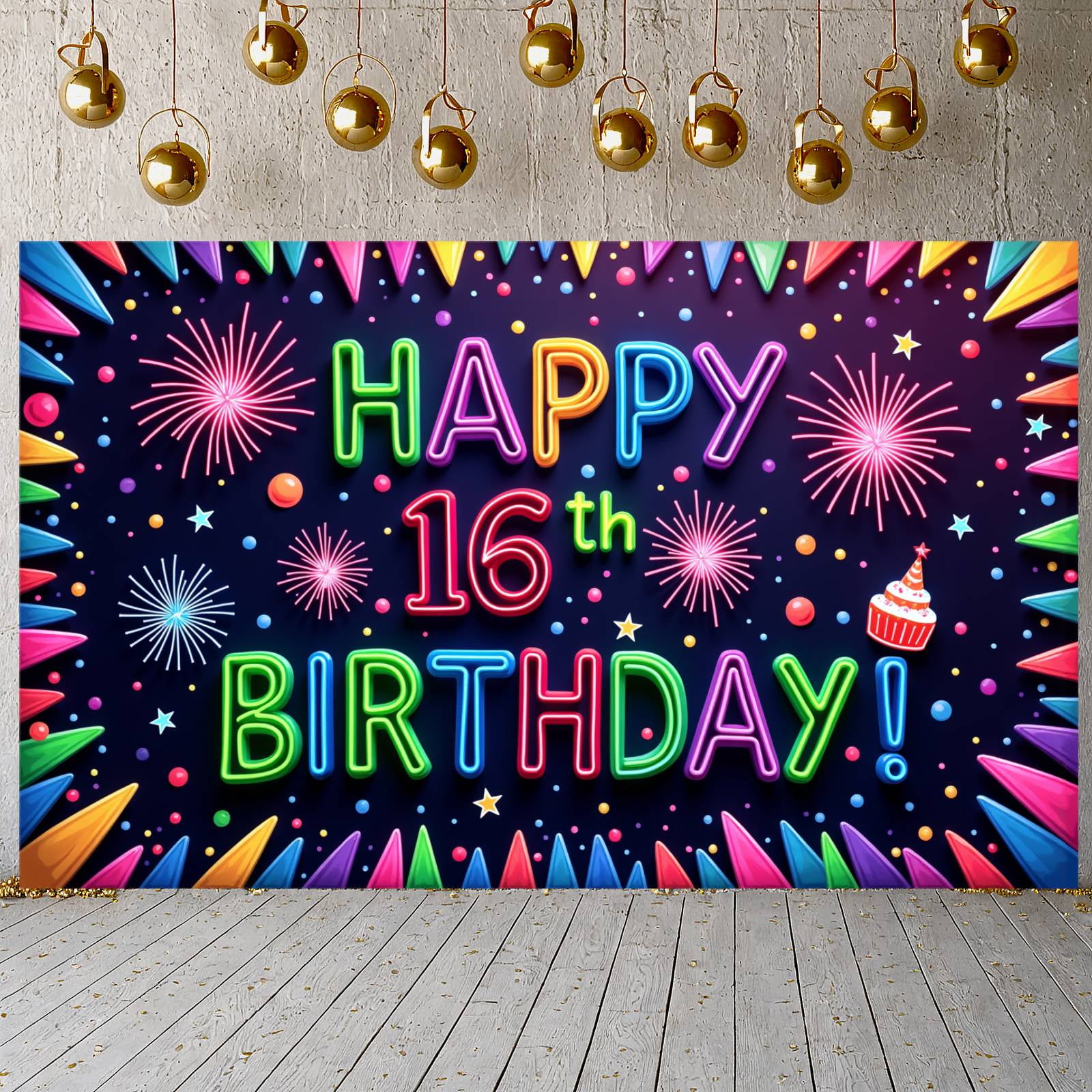 Neon Happy 16th Banner Colorful Sweet 16 Display Firework Design Star ...