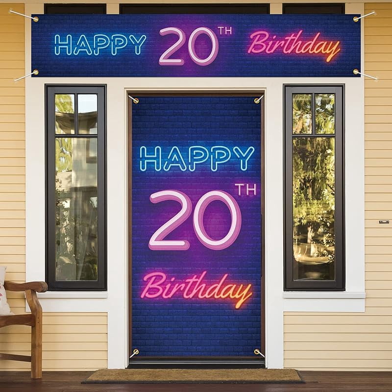 Neon Happy 20th Birthday Door Cover Porch Banner and Large Yard Sign ...