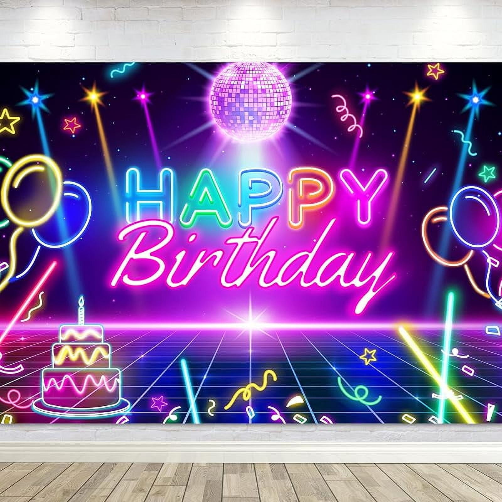 Neon Happy Birthday Backdrop Disco Party Retro 70s 90s Ball Glow in The ...