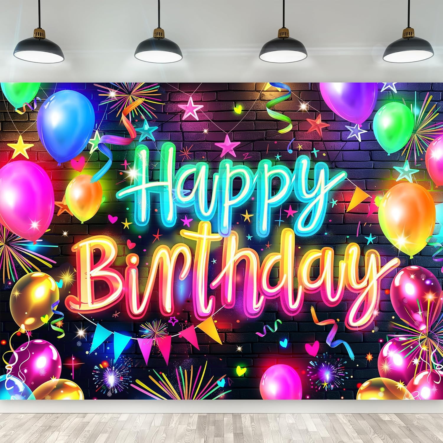 Neon Happy Birthday Backdrop Glow in The Dark Brick Wall Funny Graffiti ...