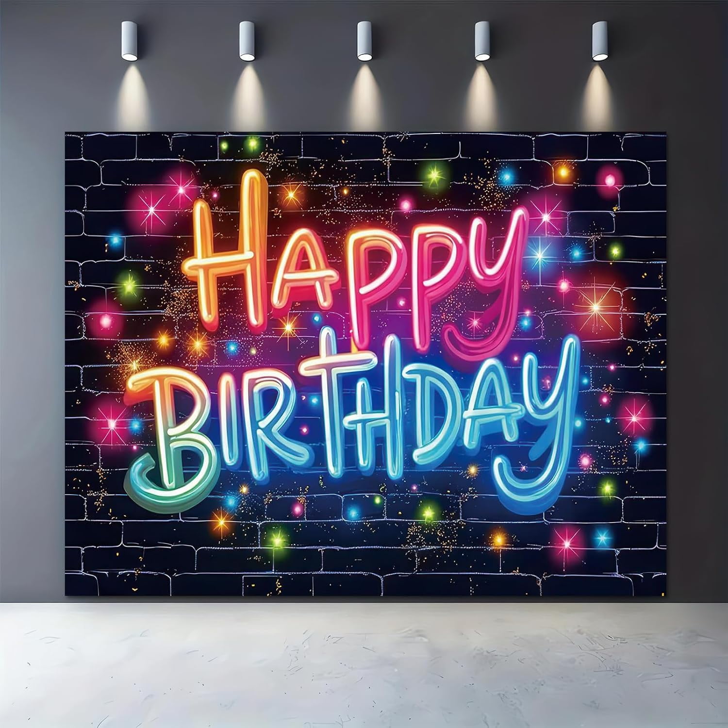Neon Happy Birthday Backdrop Glow in The Dark Brick Wall Photography ...