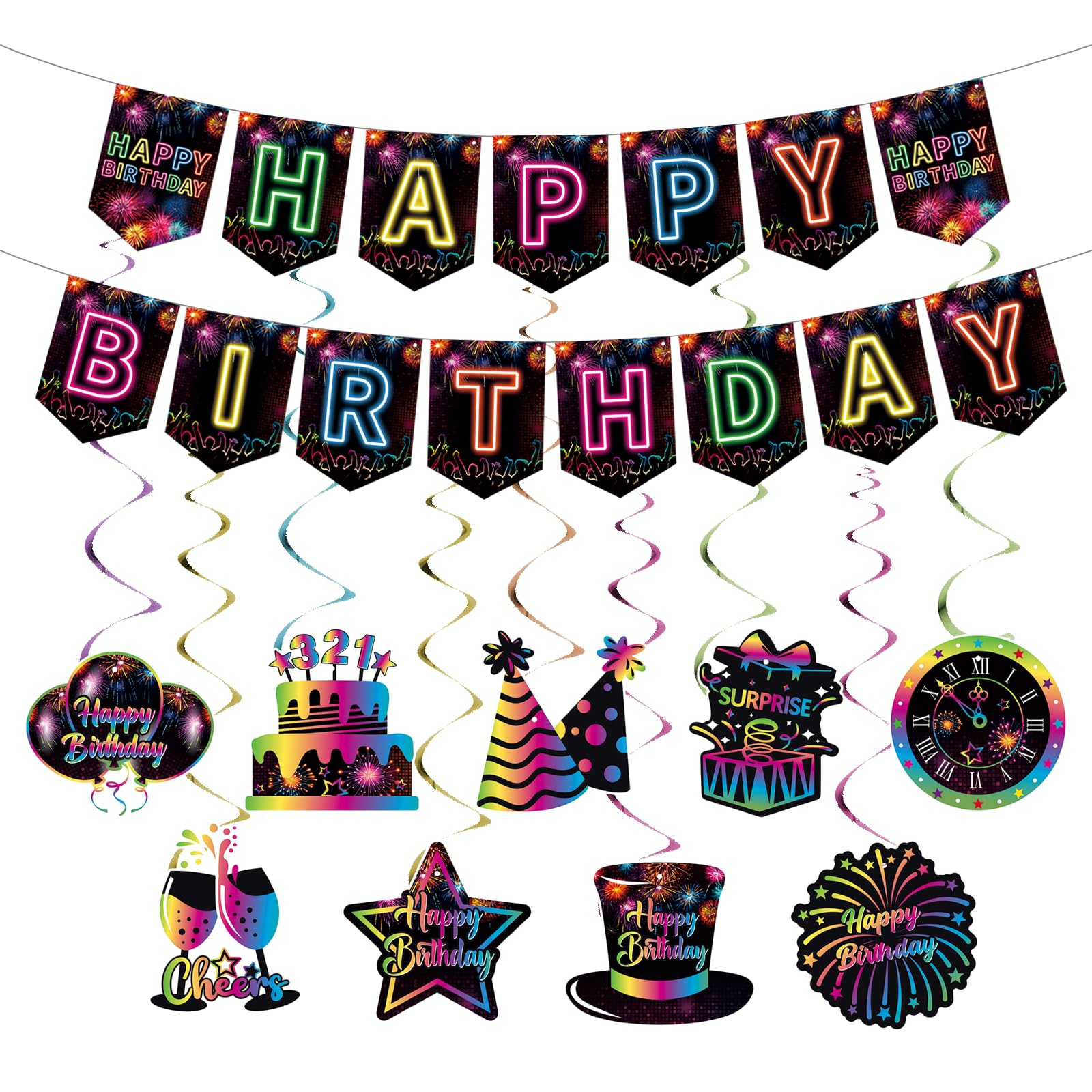 Neon Happy Birthday Banner - 10PCS Pre-Strung Neon Happy Birthday ...