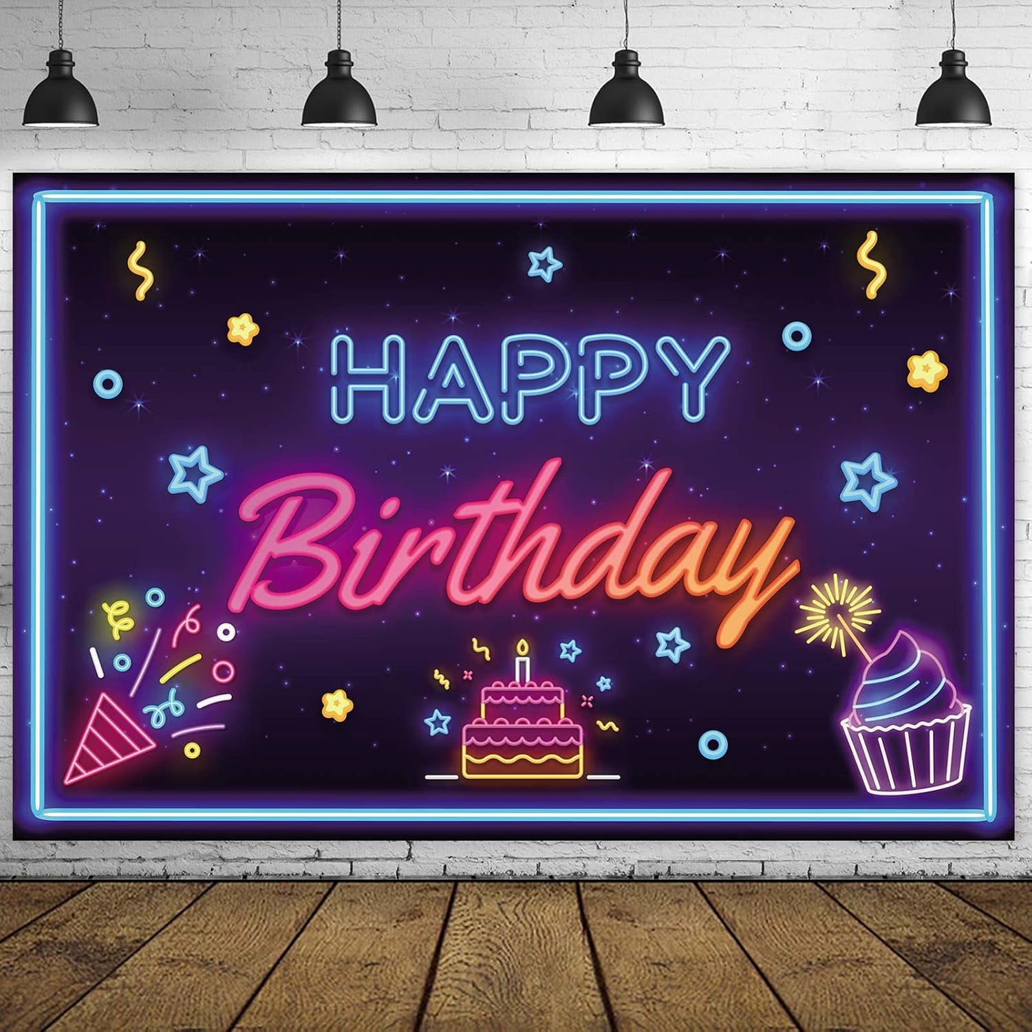 Neon Happy Birthday Banner Backdrop Disco Neon Glow Theme Decor ...