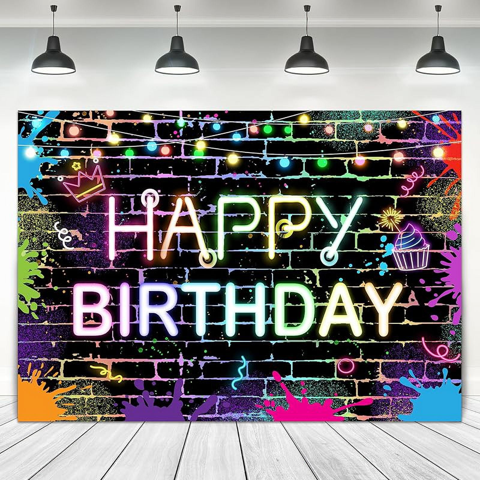 Neon Happy Birthday Banner Backdrop Let Glow Party Disco Dance Theme ...