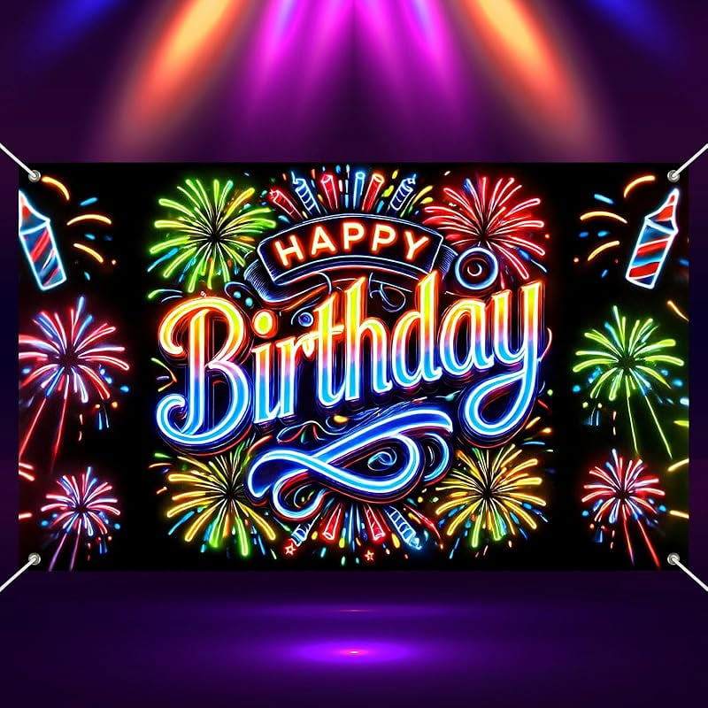 Neon Happy Birthday Banner Backdrop Neon Decorations For Glow Party ...