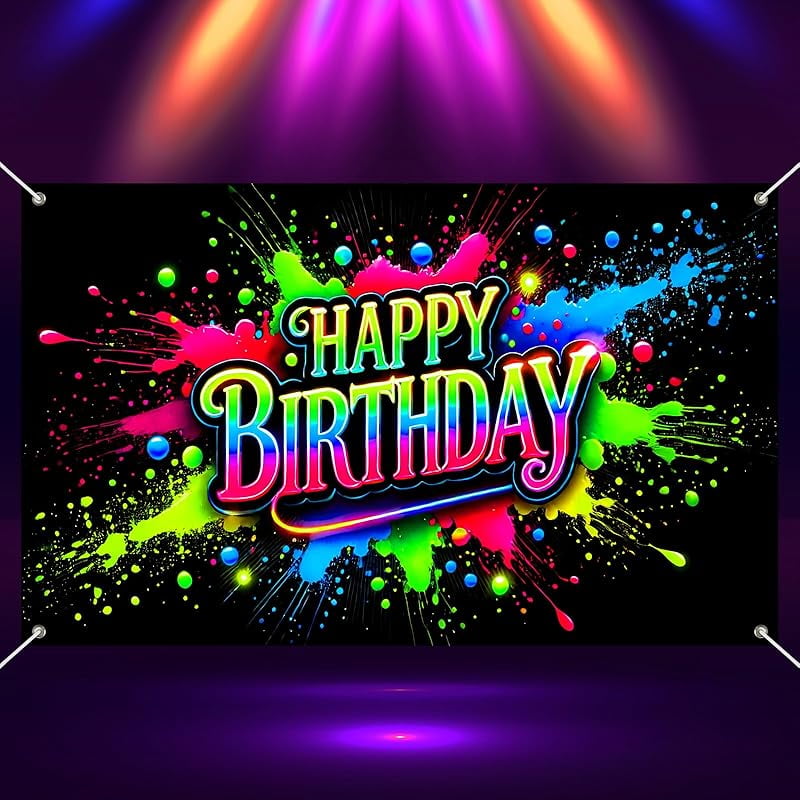 Neon Happy Birthday Banner Backdrop Neon Decorations For Glow Party ...