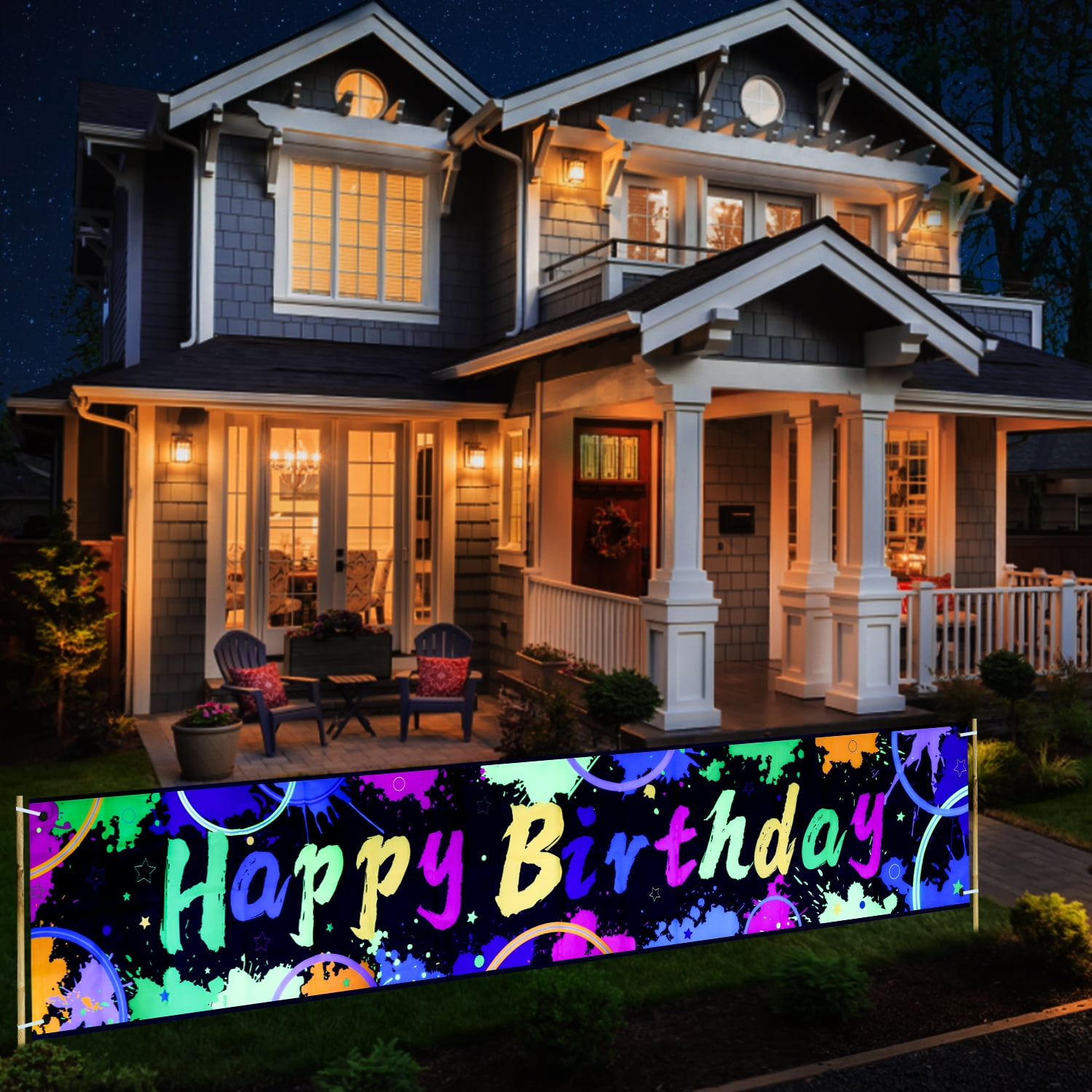 Neon Happy Birthday Banner Glow Party Backdrop Splash Paint Backdrop ...