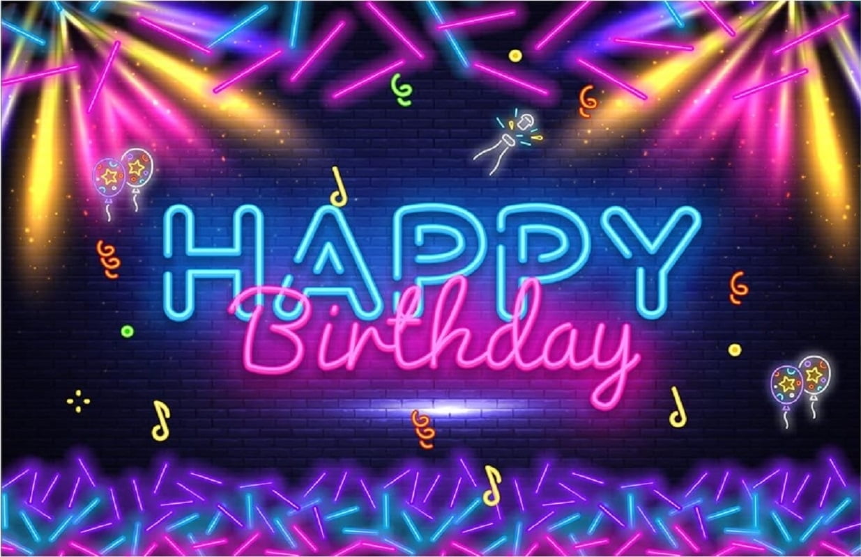 Neon Happy Birthday Banner Photography Backdrop Let Glow Disco Dance ...