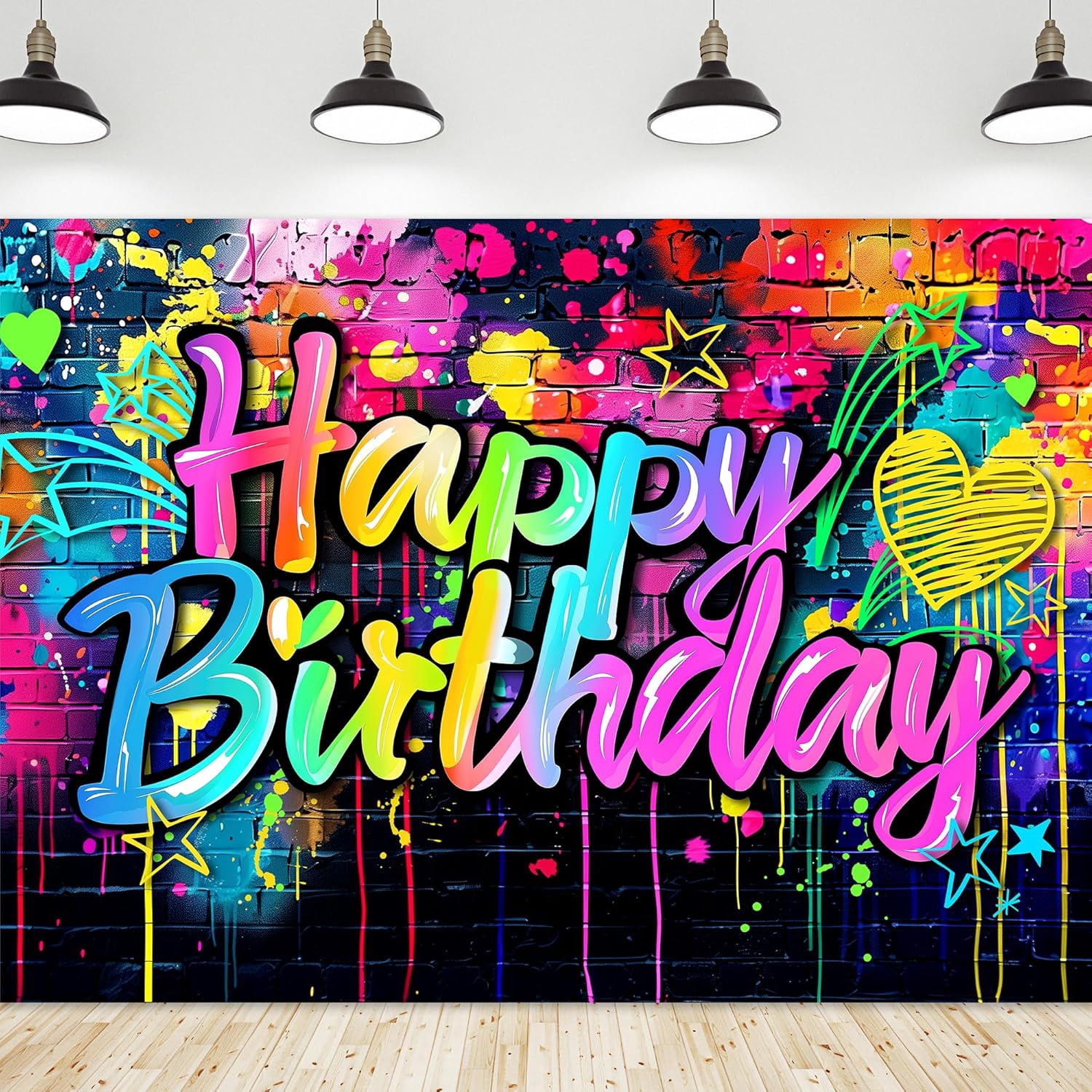 Neon Happy Birthday Beautiful Backdrop Polyester Fabric Funny Colorful ...
