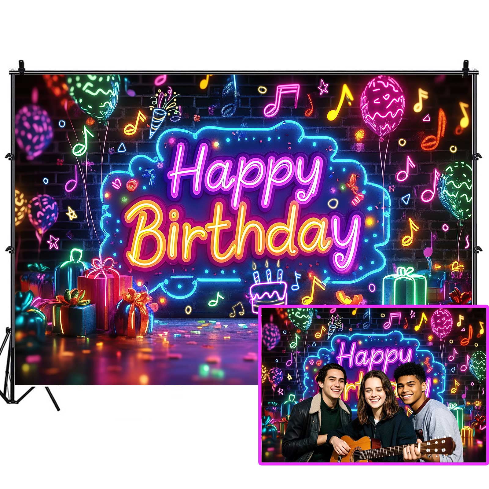 Neon Happy Birthday Party Backdrops for Photoshoot, Music Notes Picture ...