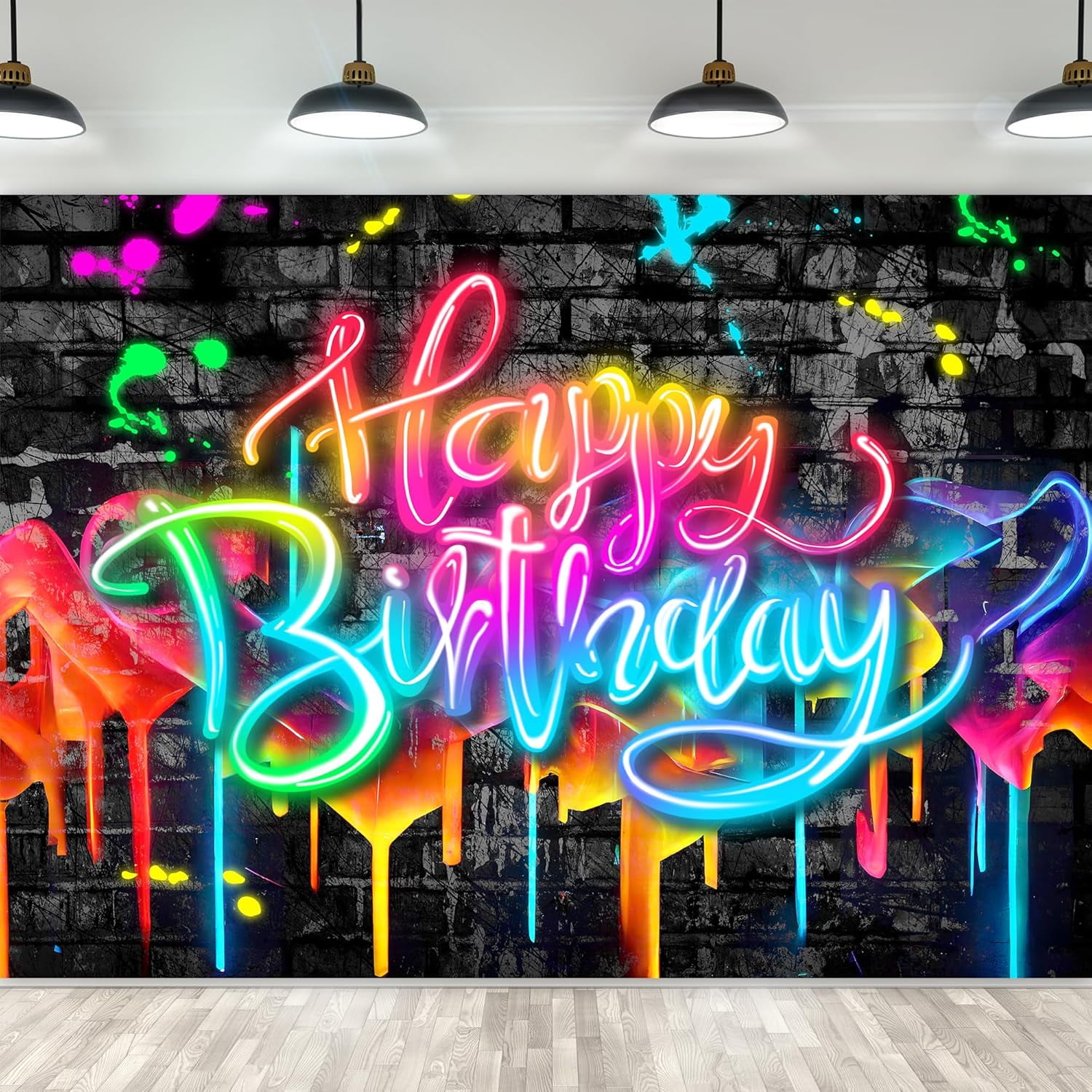 Neon Happy Birthday Pretty Backdrop Feet Glow in The Dark Brick Wall ...