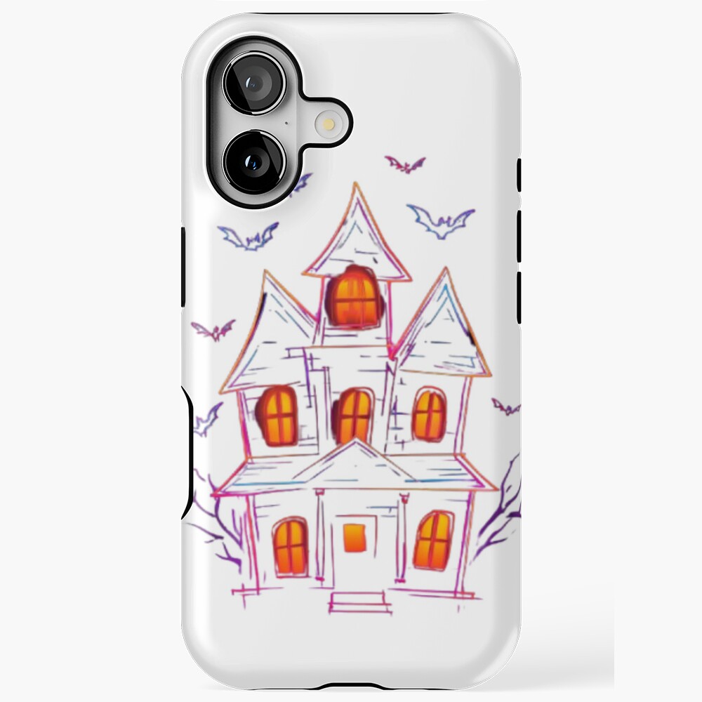 Neon Haunted House with Bats Funny Creepy Halloween Horror Ghost Art ...