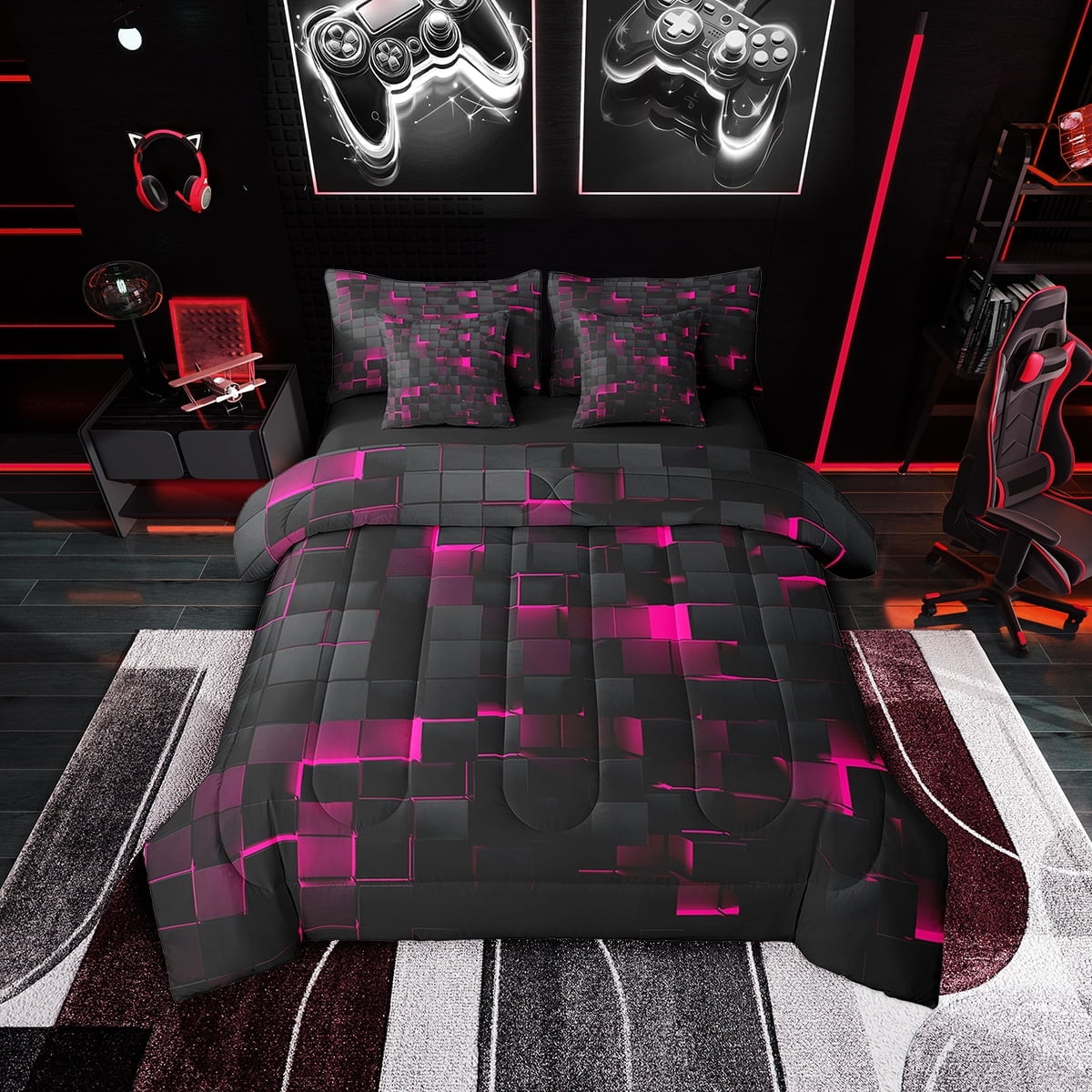 Neon Hot Pink Black Comforter Set 7 Piece Full Geometric Checkered Bed ...