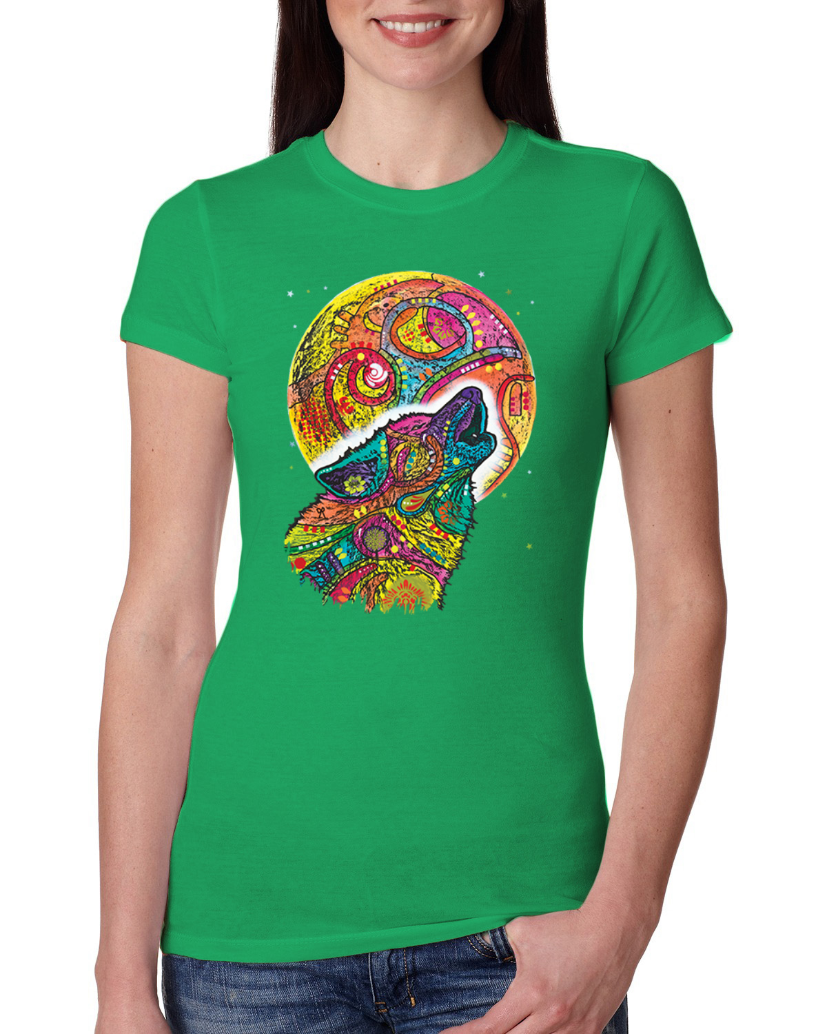 Neon Howling Wolf at Moon | Dean Russo Art Animal Lover Womens Slim Fit ...