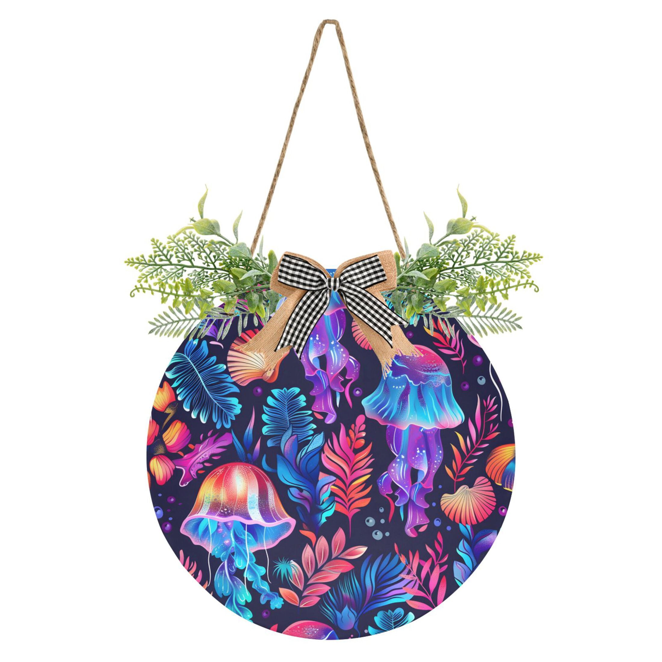 Neon Jellyfish and Shell Welcome Front Door Sign Round 12 inch Porch ...
