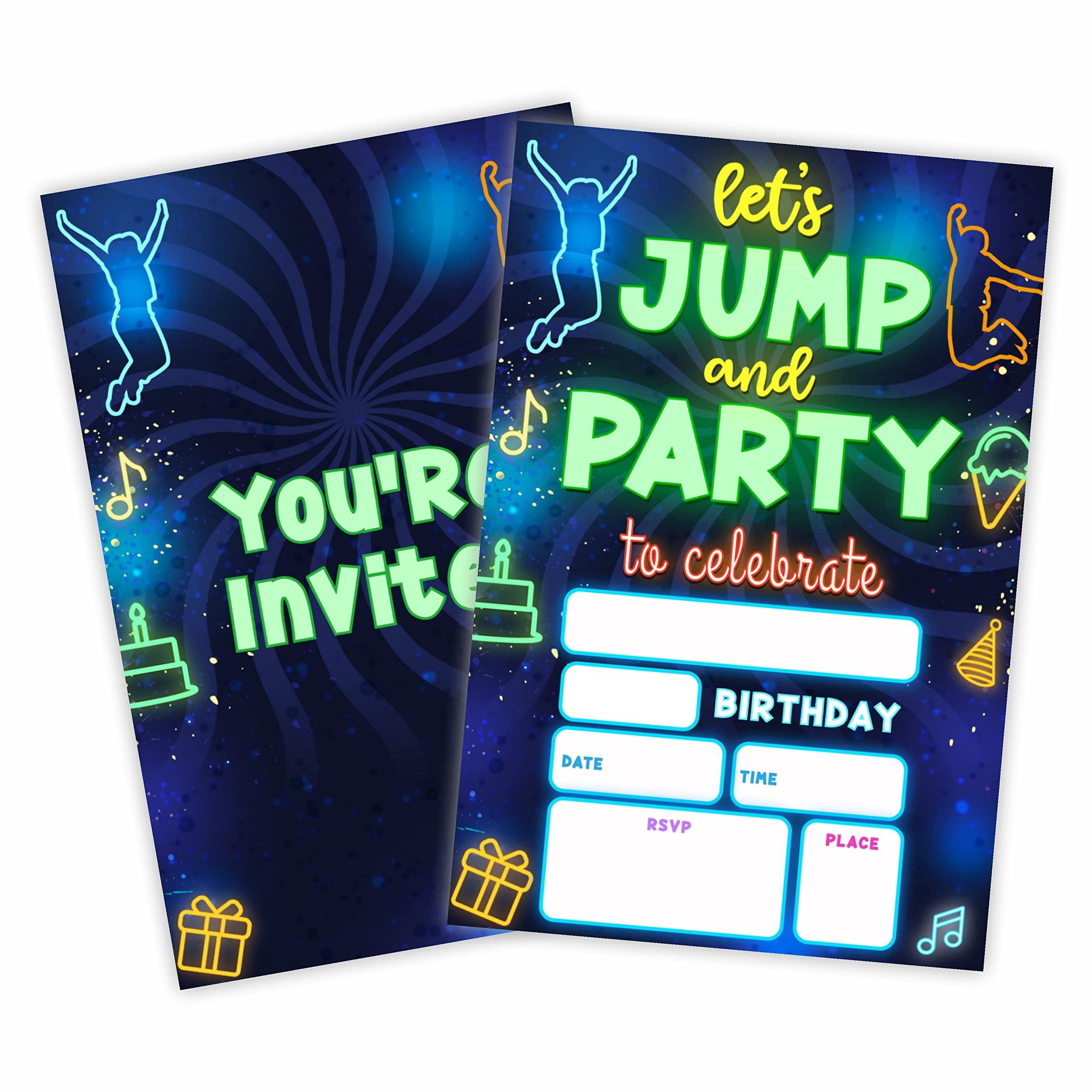 Neon Jump Party Invitations - Glow in the Dark Birthday Invite Cards ...