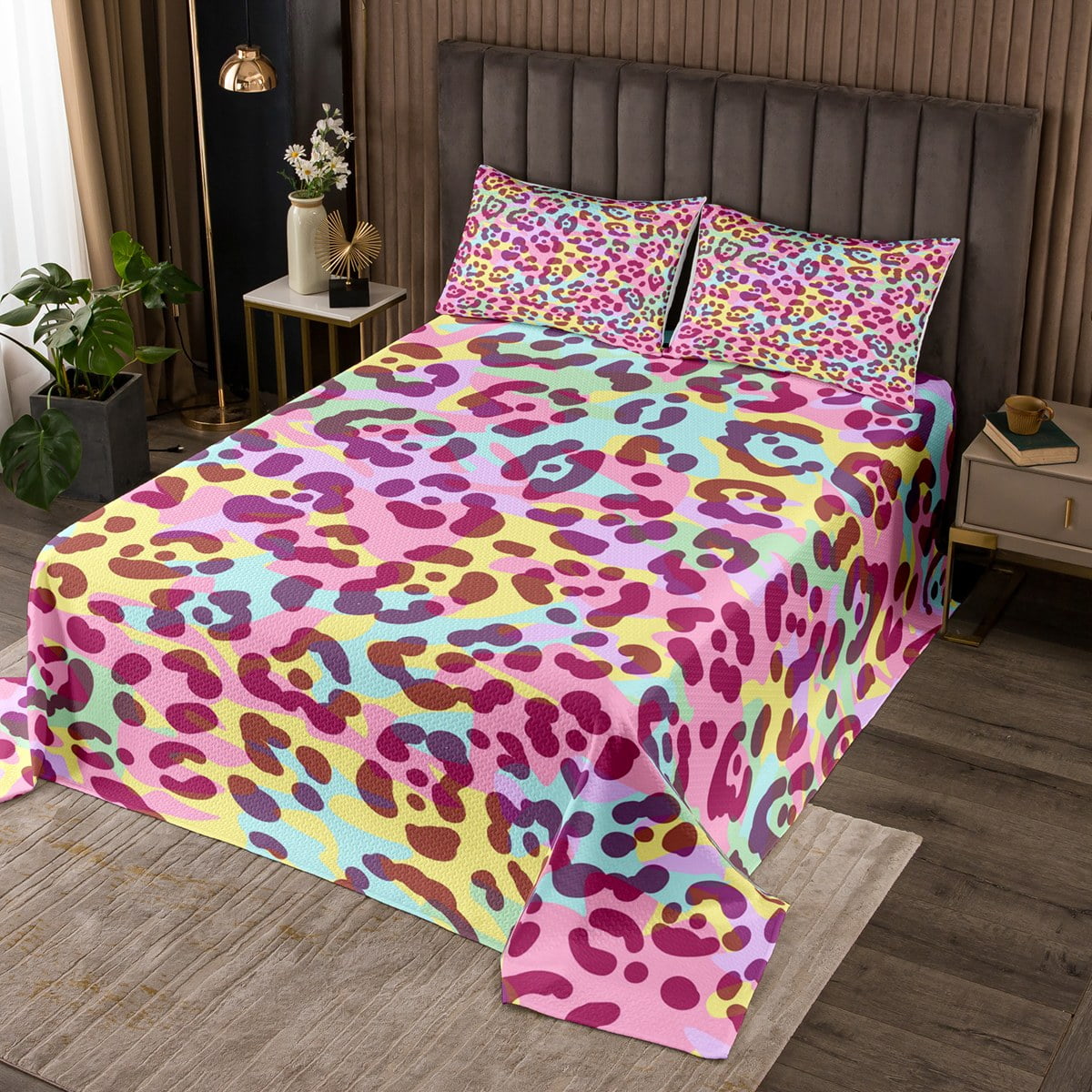 Neon Leopard Bedspread Set Rainbow-Colored Cheetah Print Quilt Set for ...