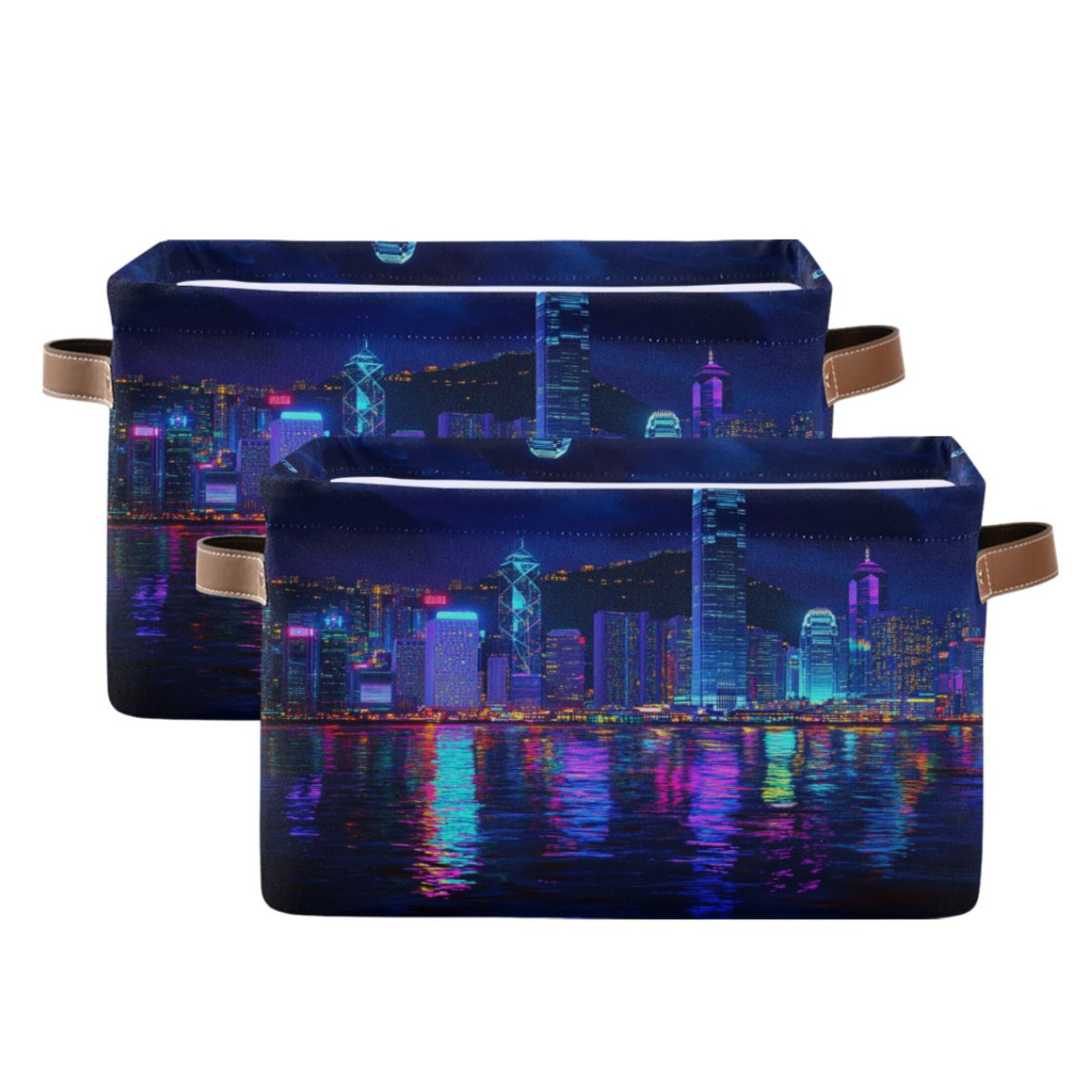Neon Light City Foldable Storage Basket,Canvas Fabric Foldable Storage Bins with Handles Open ...