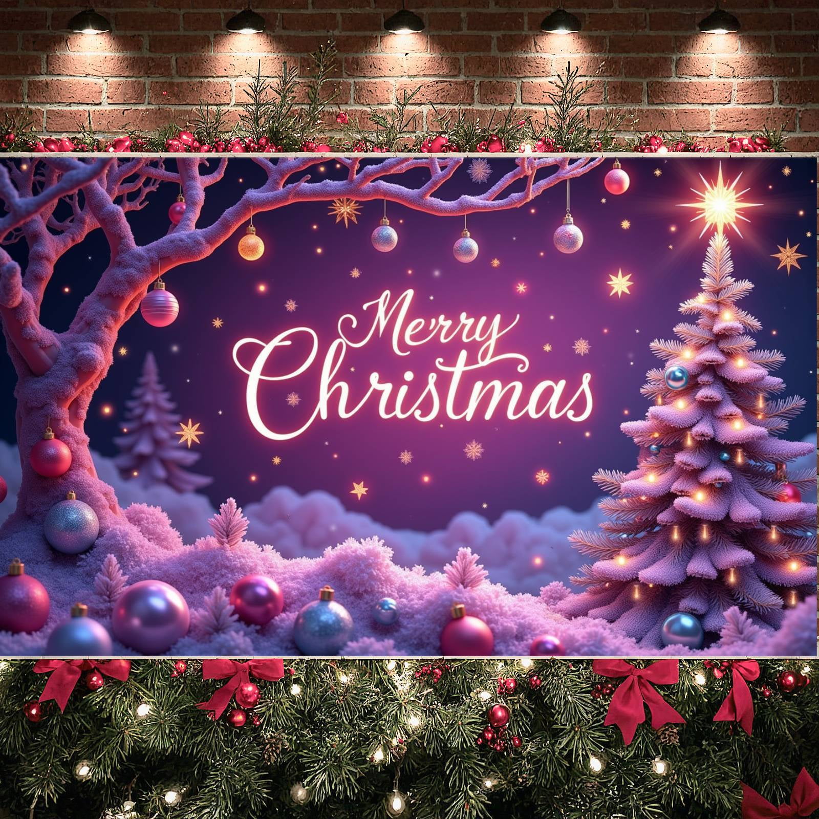 Neon Light Merry Christmas Banner Colorful Ornaments Christmas Display ...