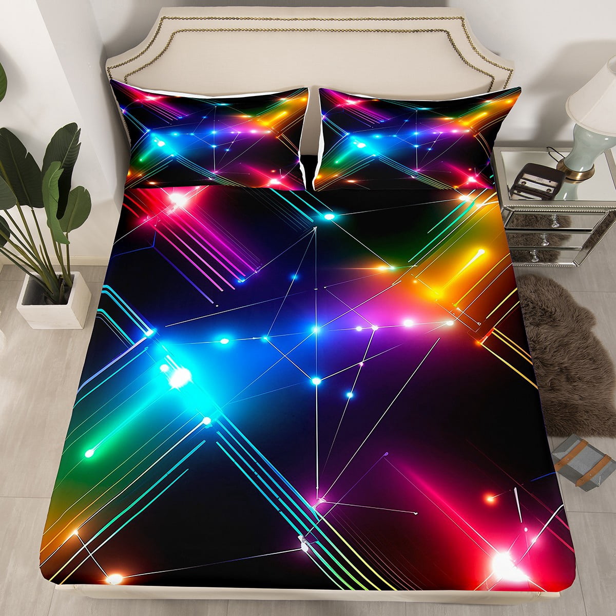 Neon Lights Bedding Set Full Colourful Geometric Fitted Sheet,Stripe ...