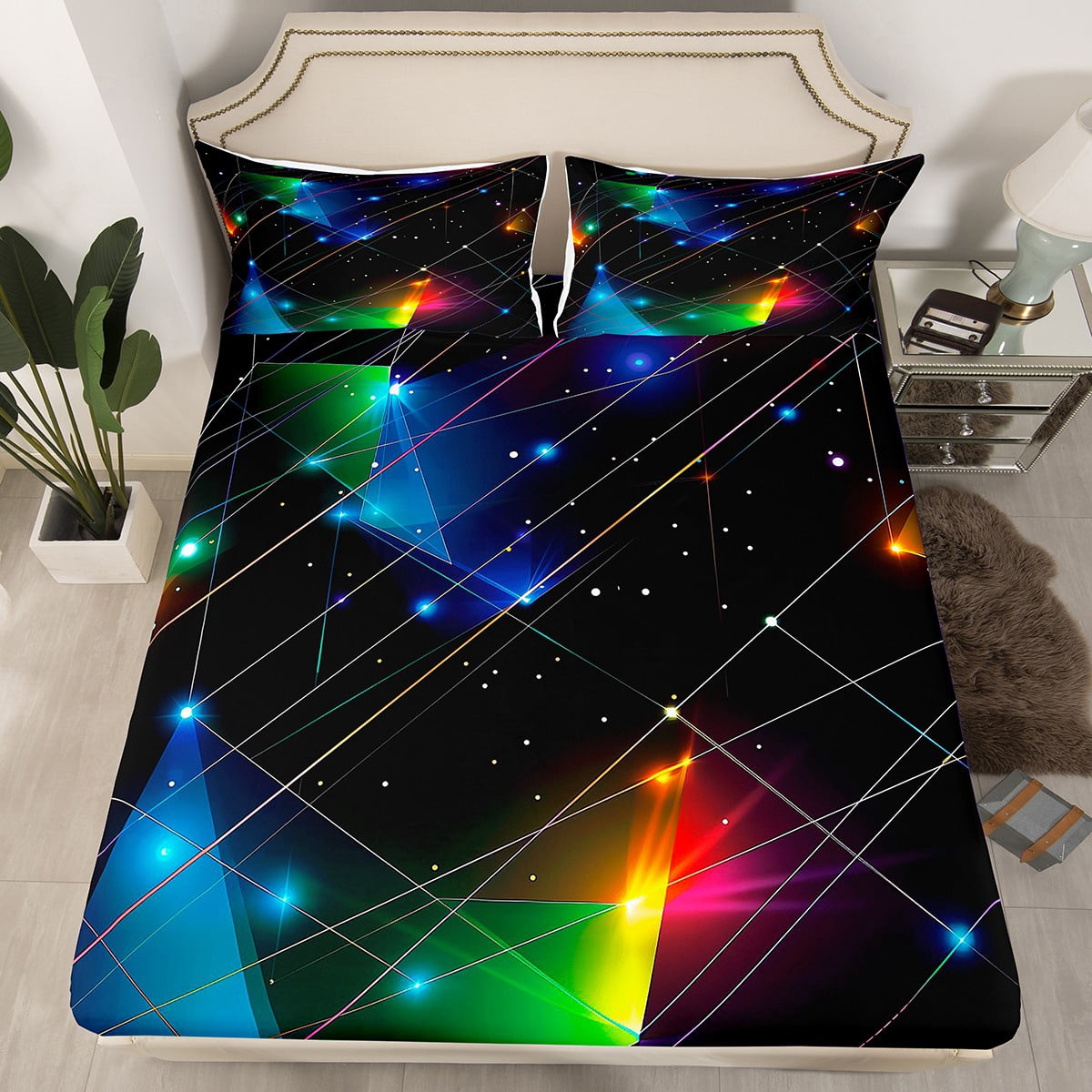 Neon Lights Bedding Set Geometric Stripe Fitted Sheet Full Colourful ...