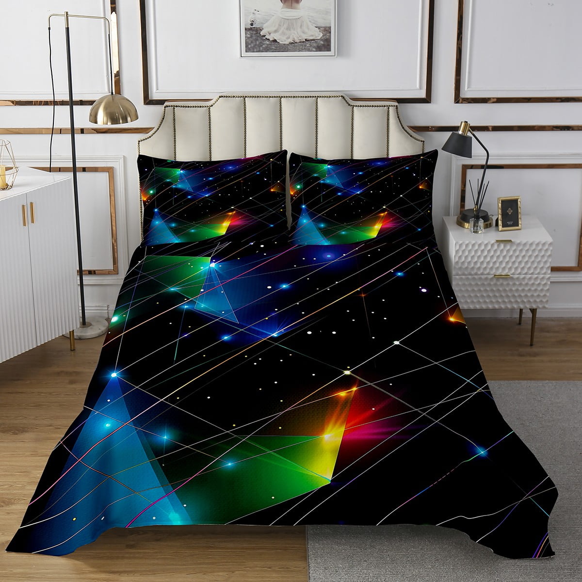 Neon Lights Bedspread Set Geometric Stripe Coverlet Set Twin Colourful ...