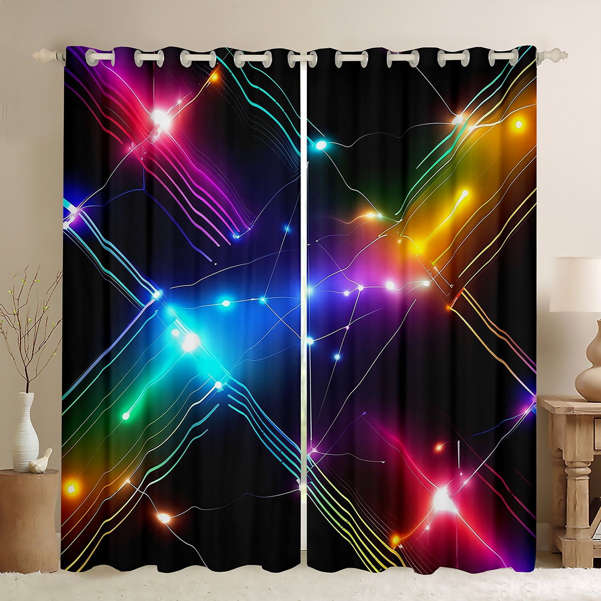 Neon Lights Curtains (38Wx45L) 2 Panels colourful Geometric 30%-50% ...