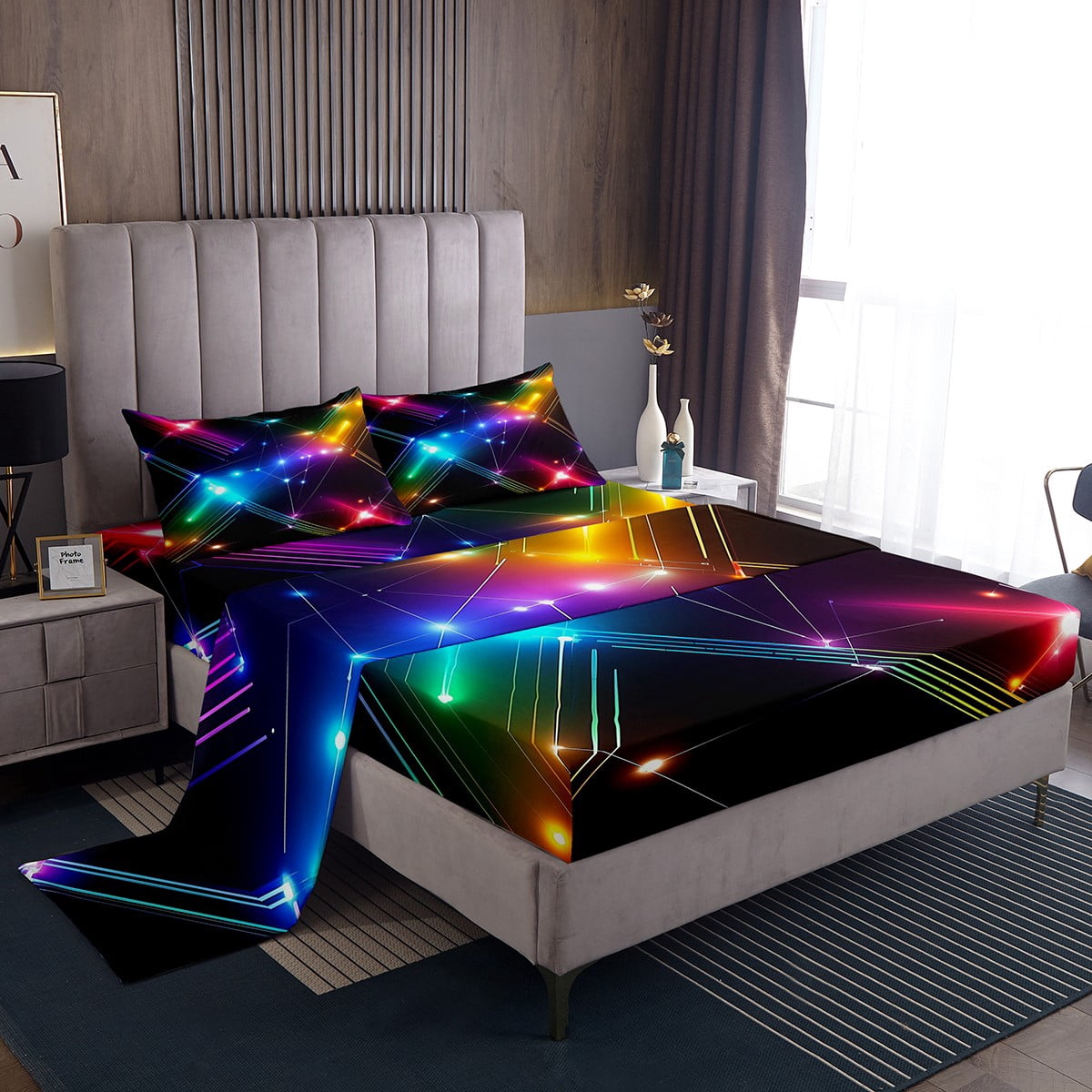 Neon Lights Sheet Set King Colourful Geometric Bed Sheets Set,Stripe ...