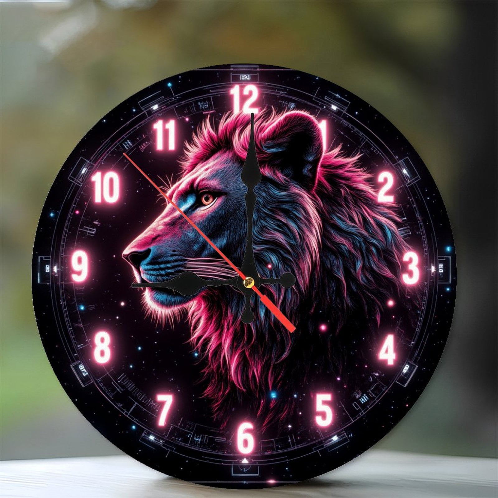 Neon Lion Clock Art 10-Inch Silent Wooden Wall Clock, Battery Operated ...