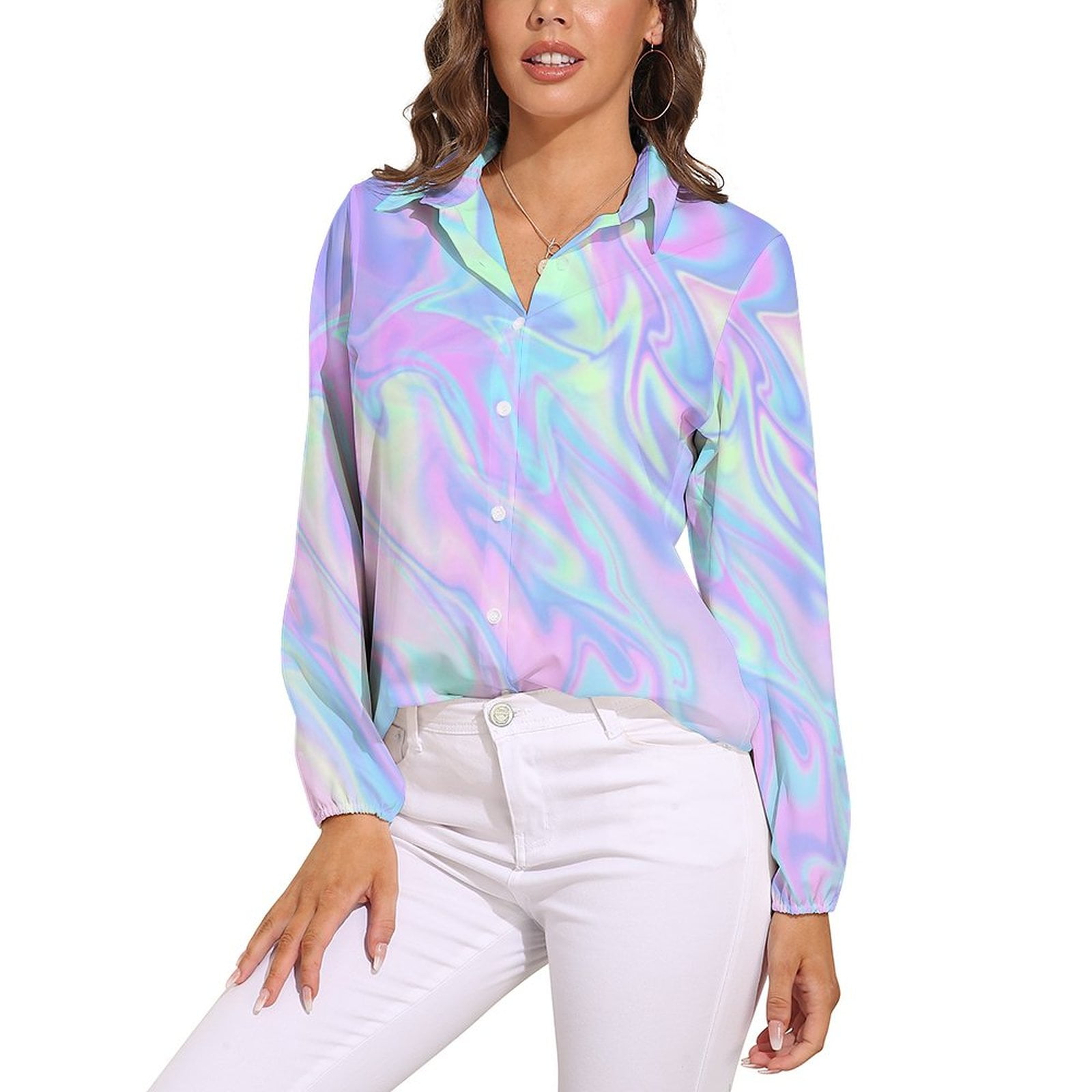 Neon Liquid Print Blouse Womens Abstract Design Casual Loose Blouses ...