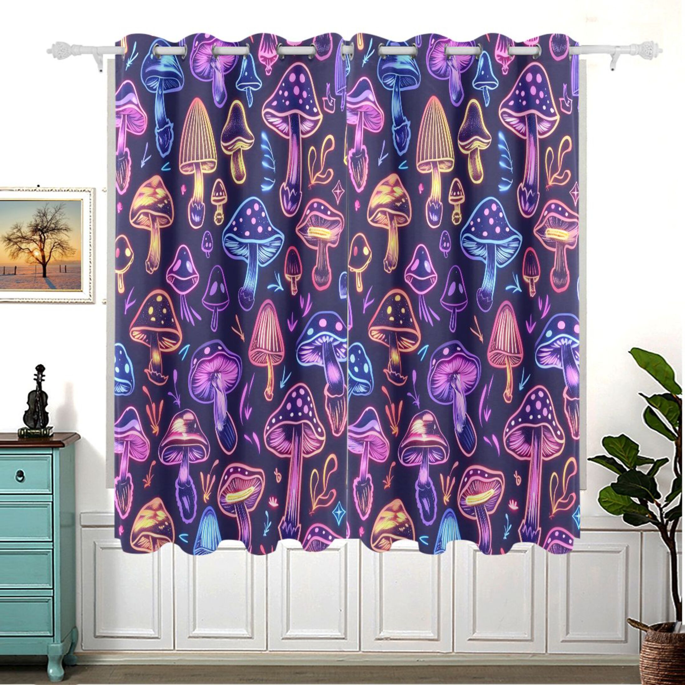 Neon Little Mushrooms Blackout Curtains for Bedroom 63x55 in 2 Panels ...