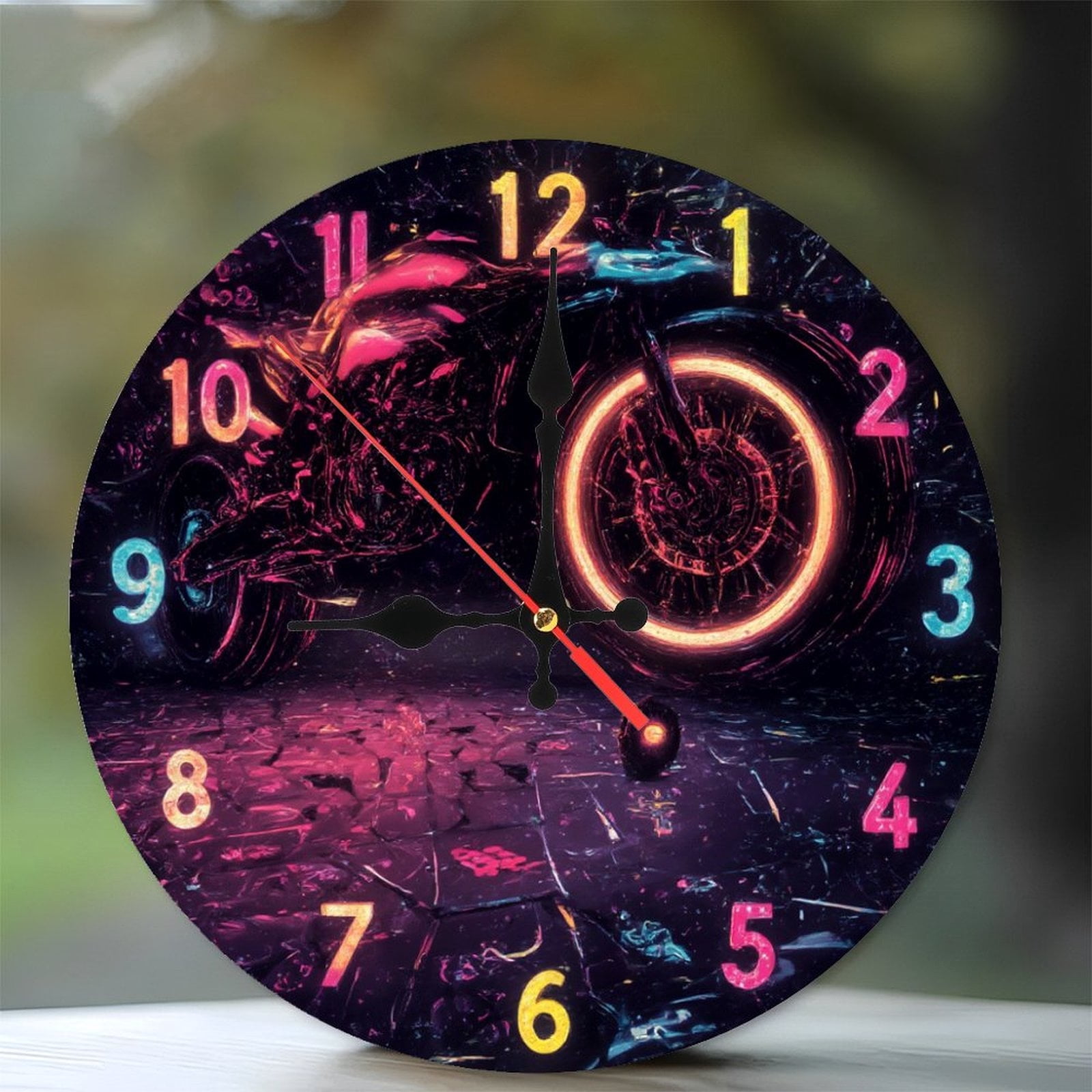 Neon Motorcycle Wall Clock Glowing Wheels Art Decor Home Office 12-Inch ...