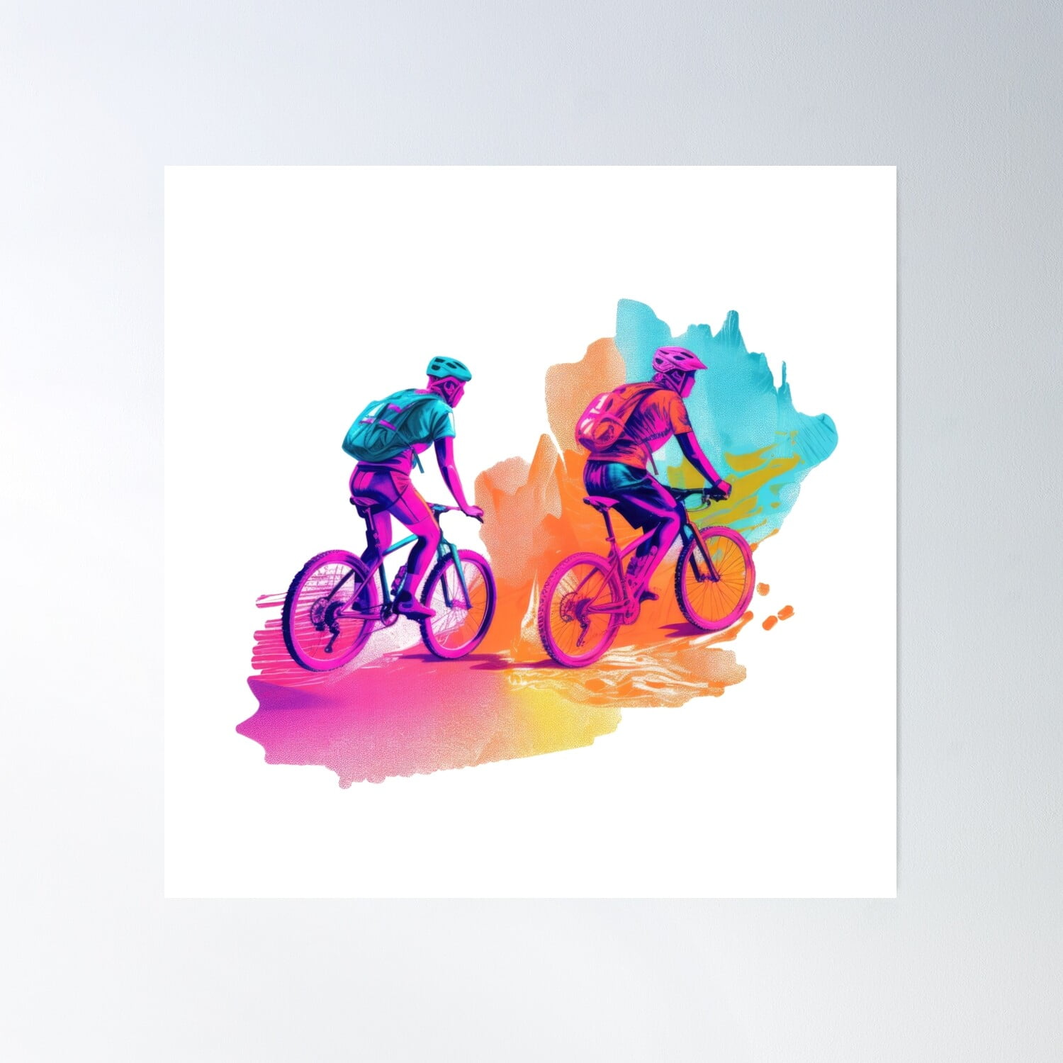 Neon Mountain Bikers On A Biking Tour In Colorful Poster Wall Art ...