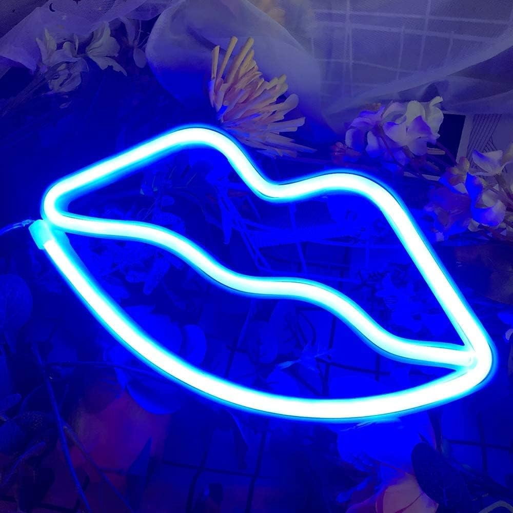 Neon Night Light, LED Neon Signs Lips Neon Lights, Blue, USB Operated ...